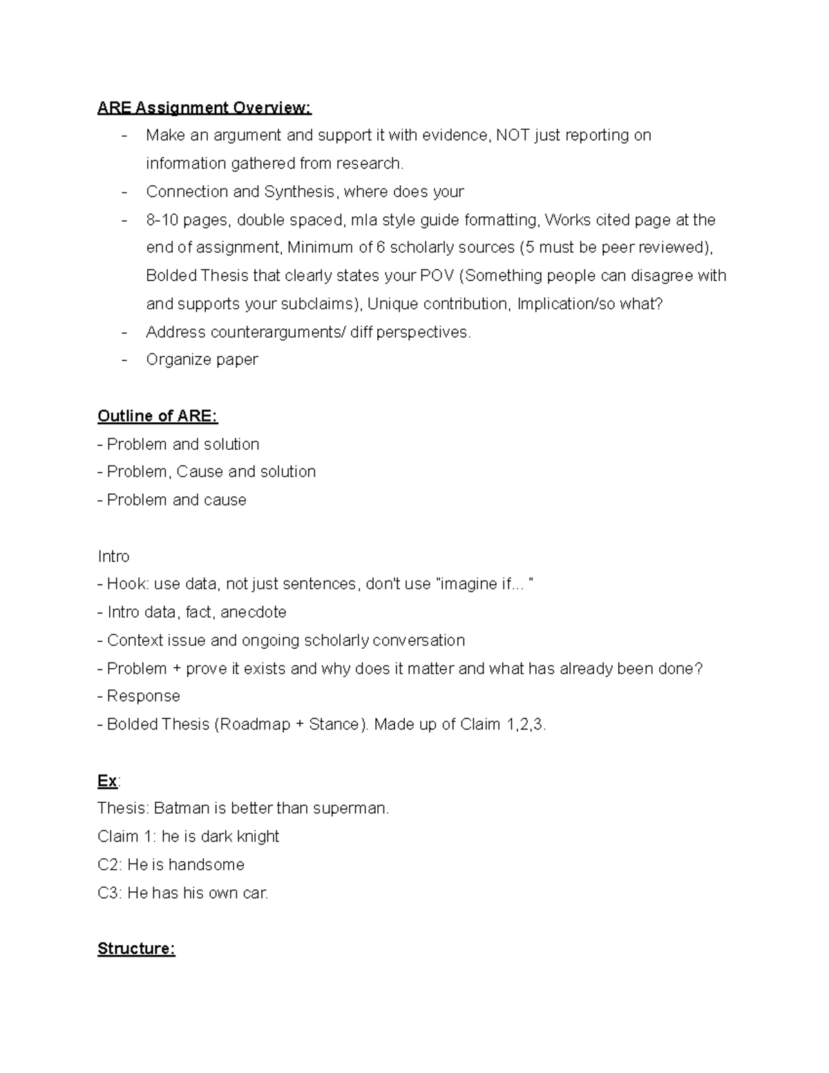 Argumentative Research Essay Notes - ARE Assignment Overview: - Make an ...