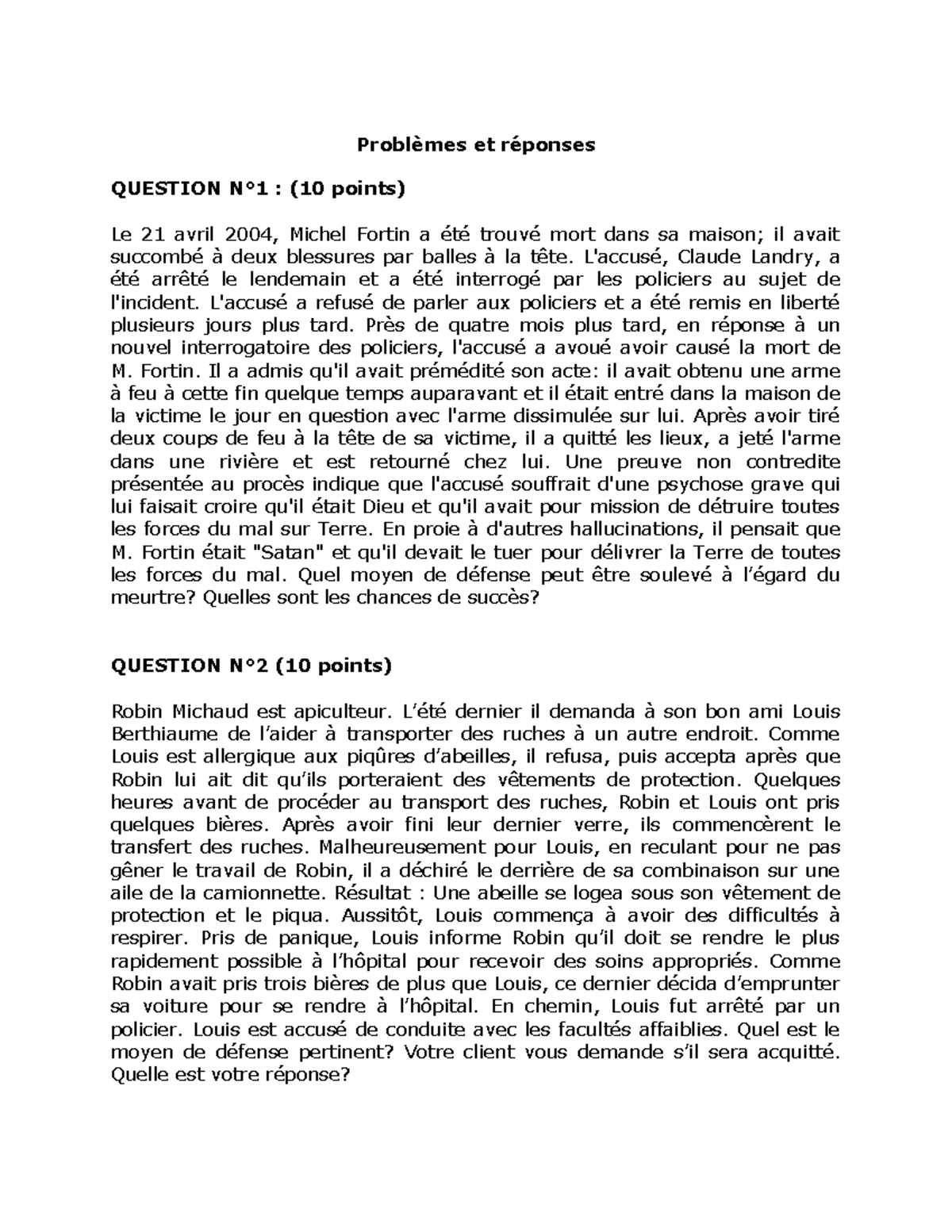 Cours 7 1505 - DRT1505 Hugues Parent - Problèmes et réponses QUESTION N ...