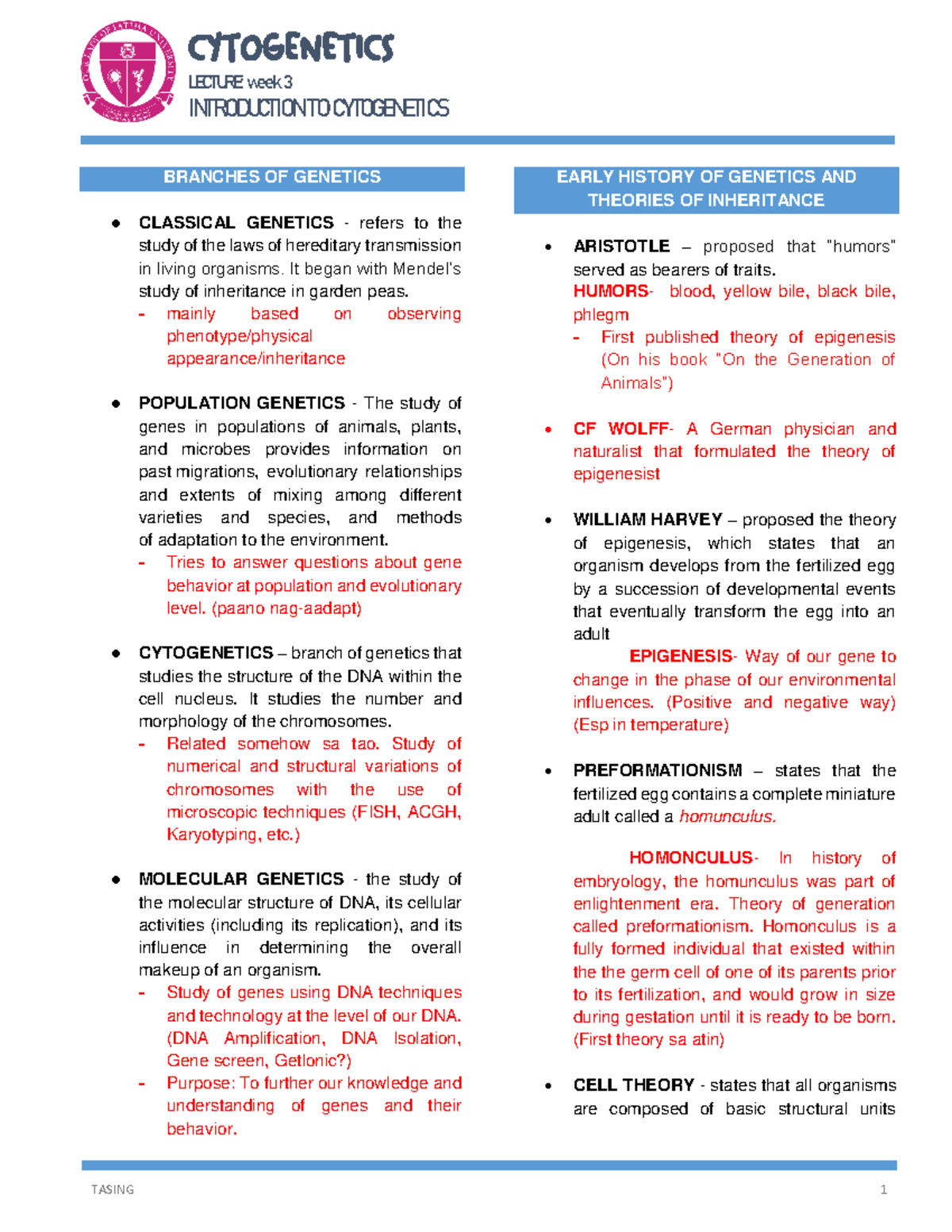 Week 2- Introduction to Cytogenetics (from Lecture) - Medical ...