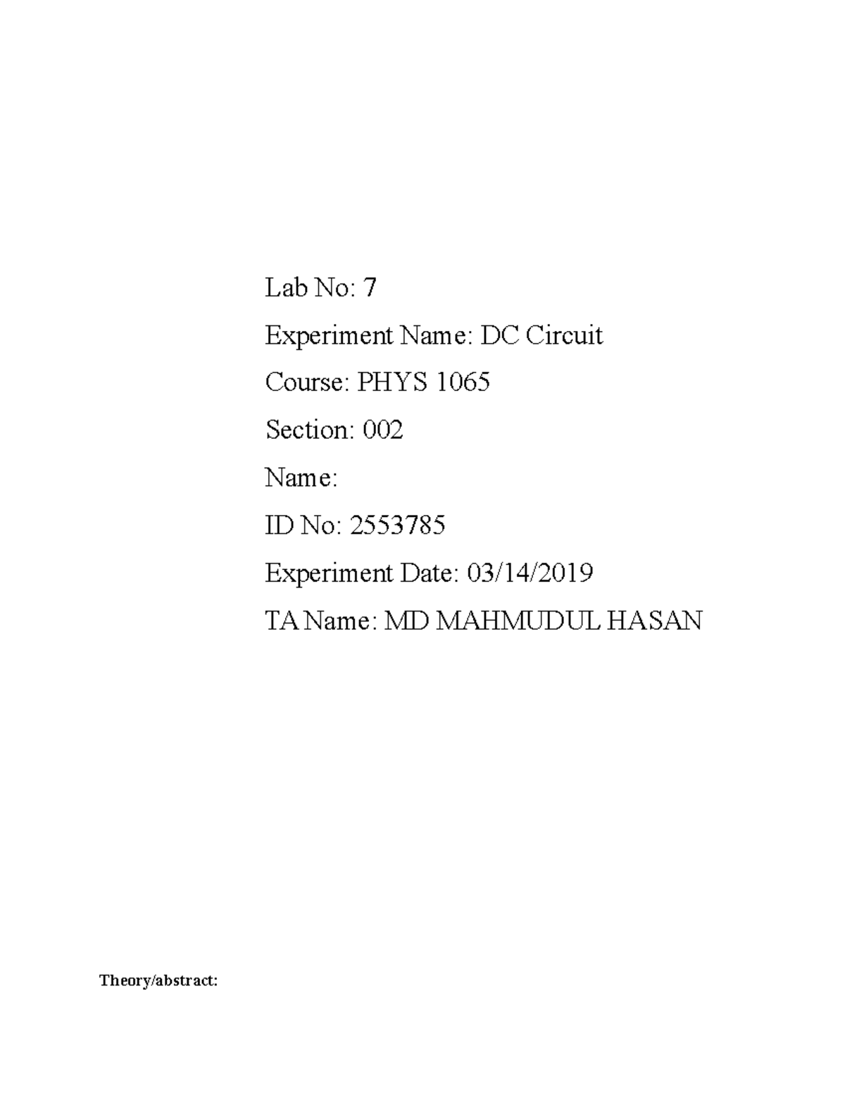 Lab 7 Lab Report On Lab No 7 Experiment Name DC Circuit Course lab-7-lab-report-on-lab-no-7-experiment-name-dc-circuit-course