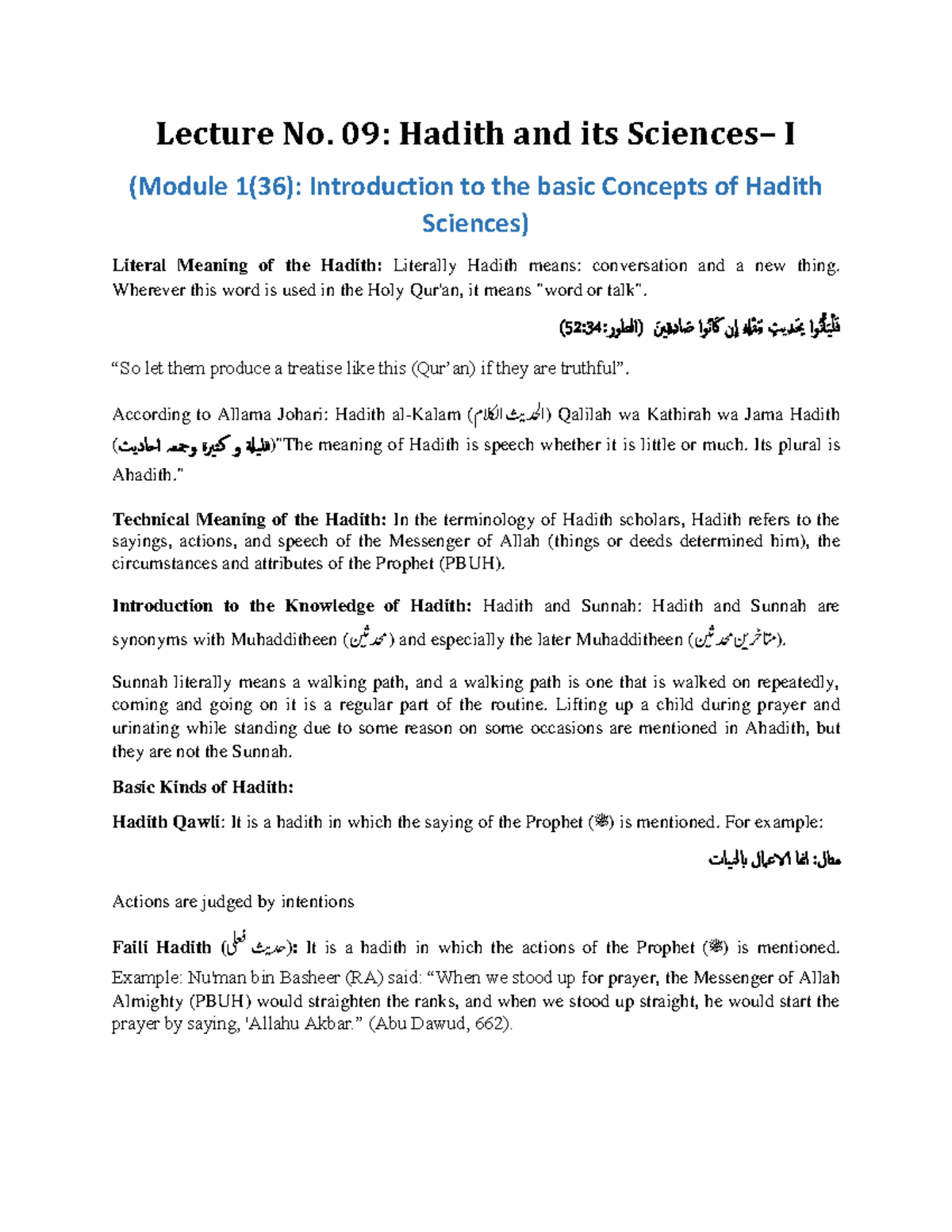 Handouts Lecture 09 ISL 202 (English) - Lecture No. 09: Hadith and its ...