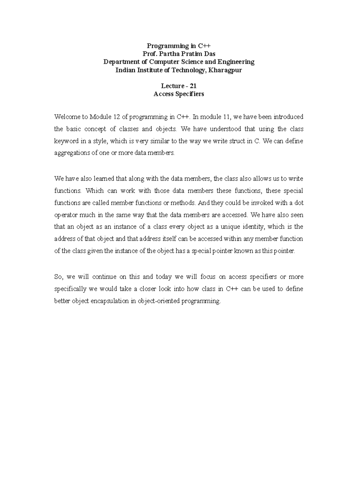 Lec 21 Module 12 Access Specifiers (Lecture 21) - Programming in C++ Prof. Partha Pratim Das ...