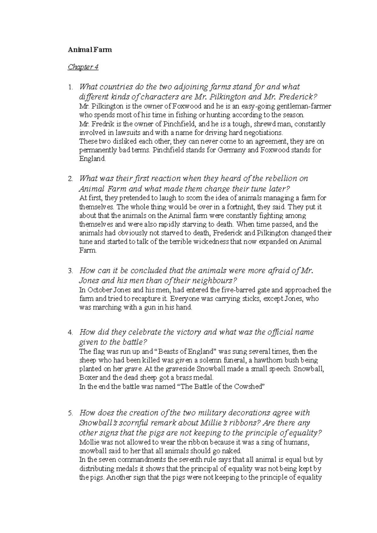 Animal Farm 4-5-6 questions - Animal Farm Chapter 4 1. What countries ...