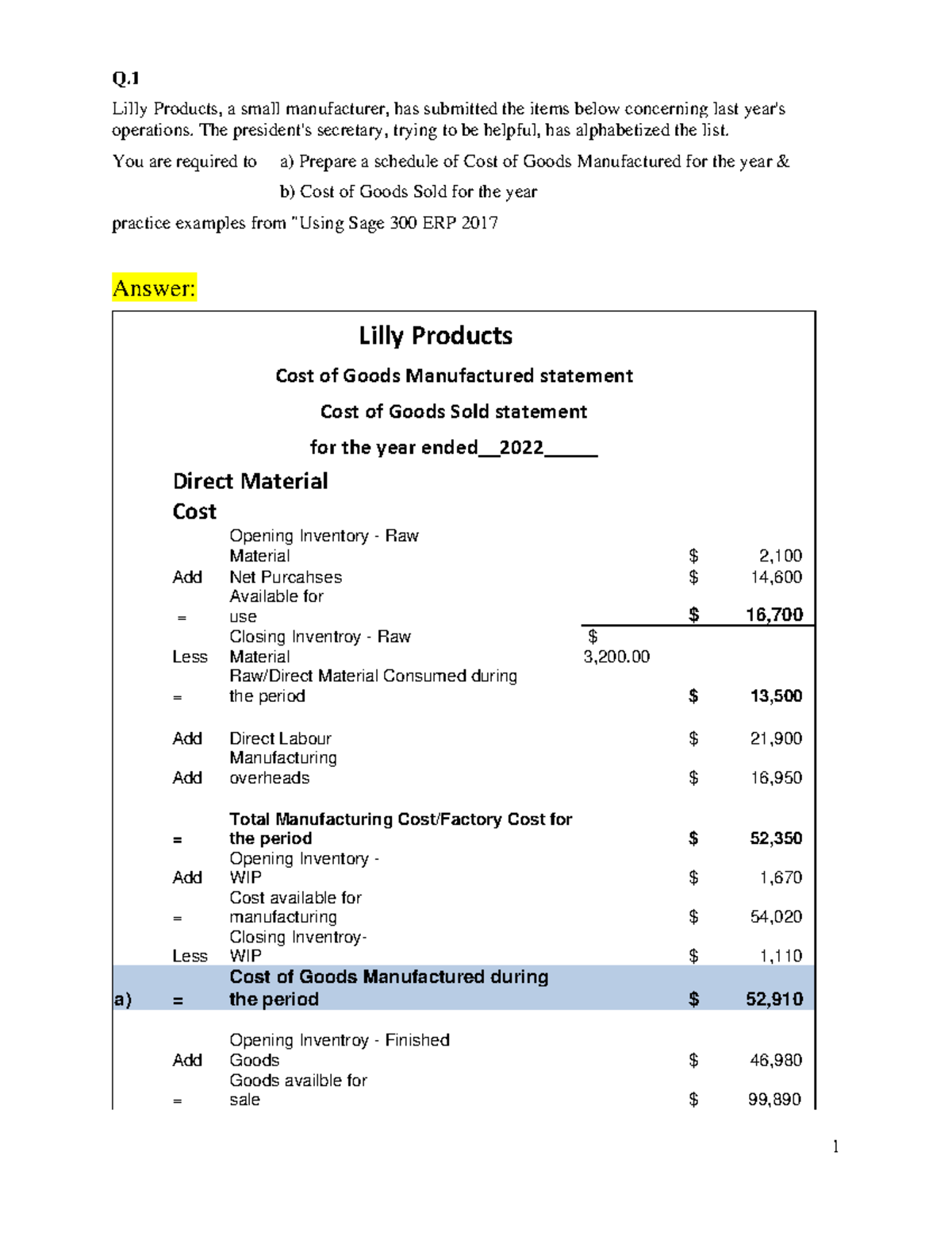 Principal of Accounting Assignment - Q. Lilly Products, a small ...