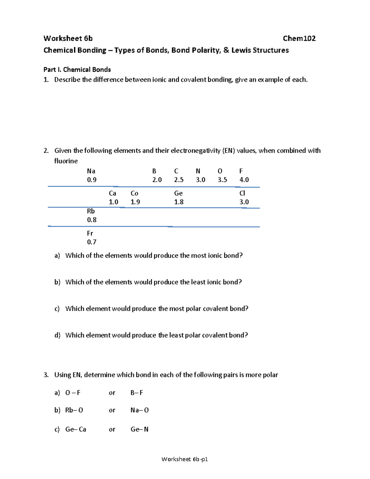 Worksheet 6b Chemical Bonding and Lewis Structures-1 - Worksheet 6 b ...