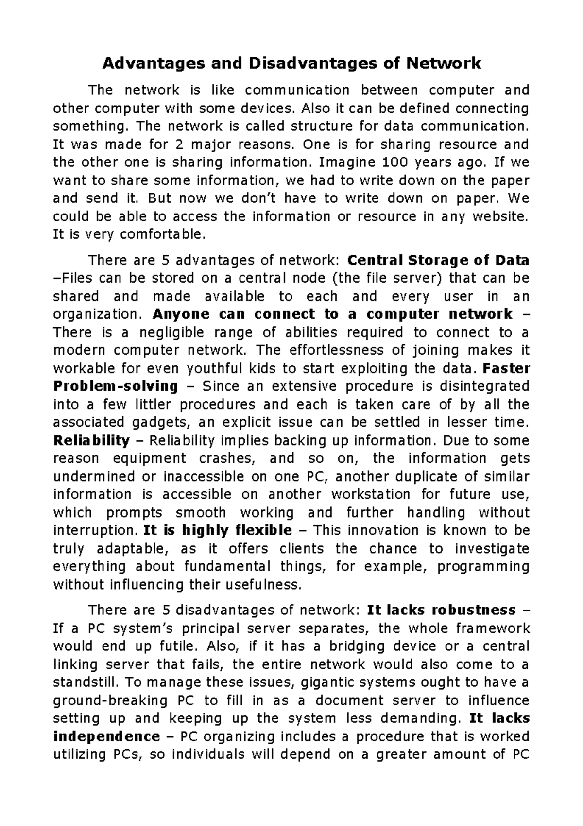 Advantages and Disadvantages of Network Essay(Homework) - Advantages ...