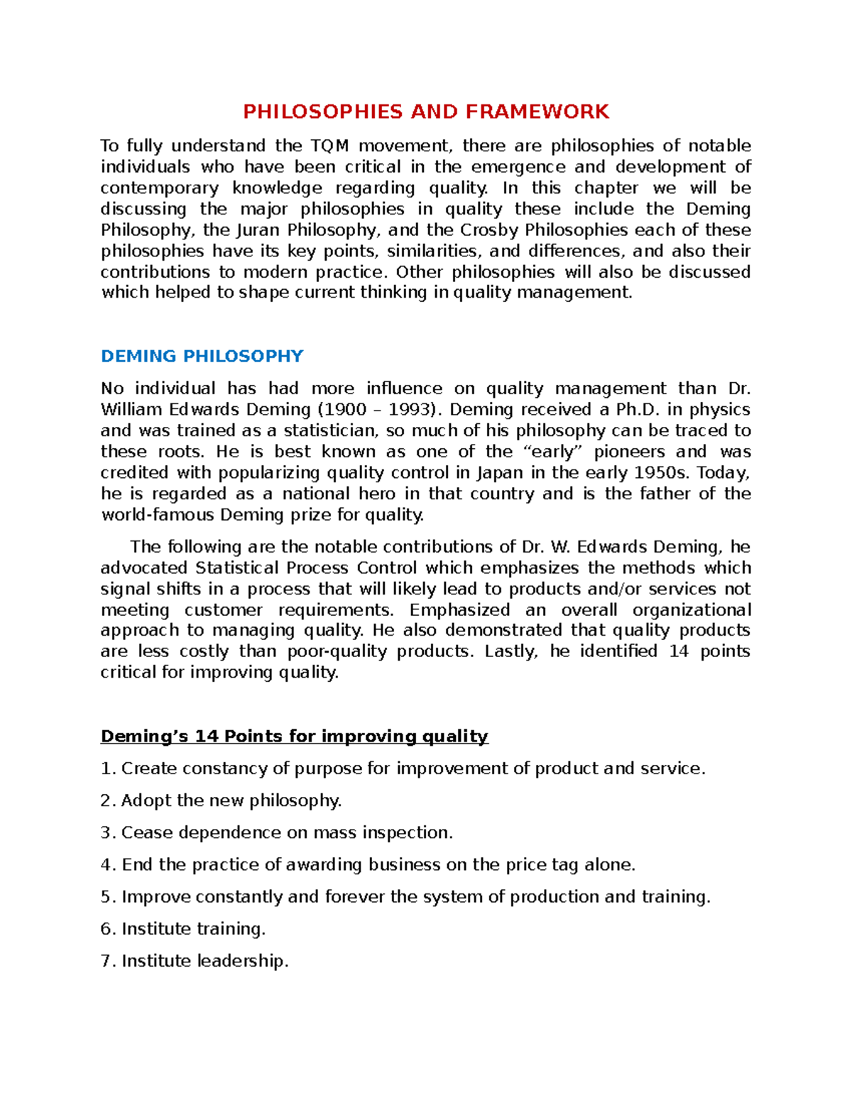 Philosophies and Framework-Total Quality Management - PHILOSOPHIES AND ...