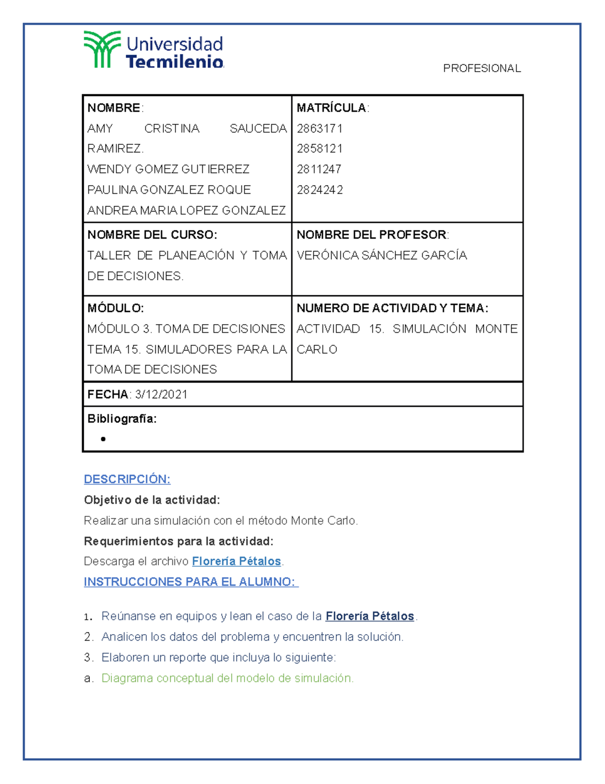 ACT 15 Taller PLAN Y TOMA DE Decisiones Equipo - NOMBRE: AMY CRISTINA ...