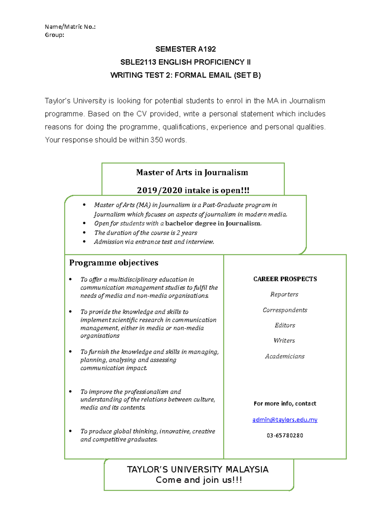 A192 Writing Test 2 SET B - Name/Matric No.: Group: SEMESTER A SBLE2113 ...