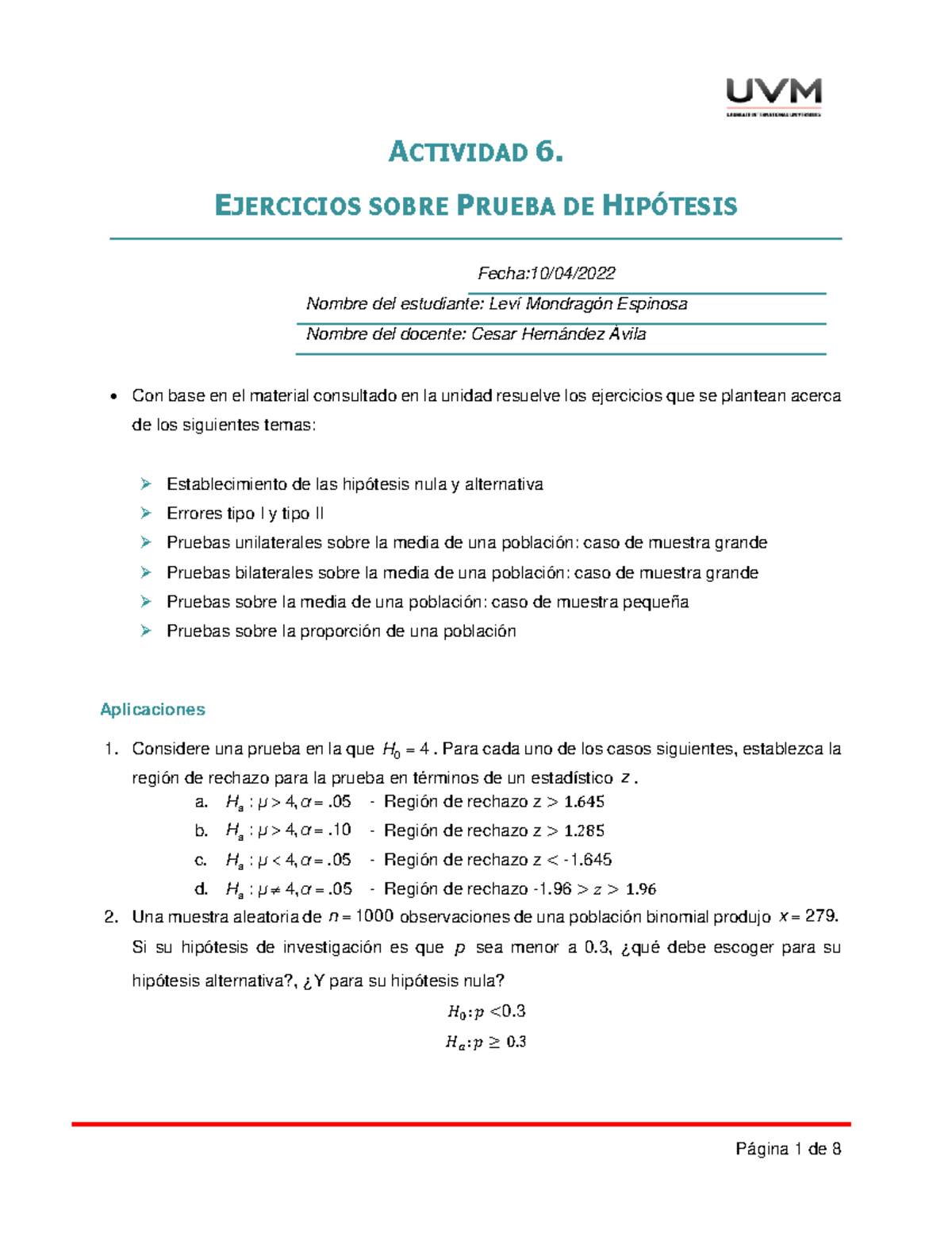 Actividad 6 ejercicios sobre prueba de hipotesis - ACTIVIDAD 6 ...