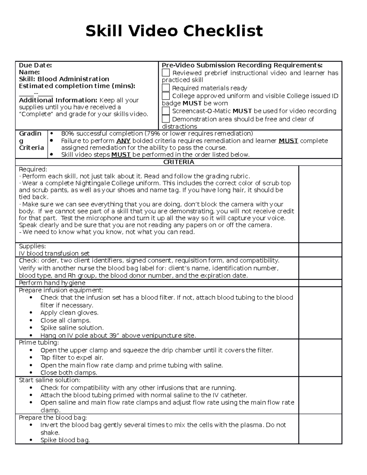 Blood Administration Checklist-1 - Skill Video Checklist Due Date: Name ...