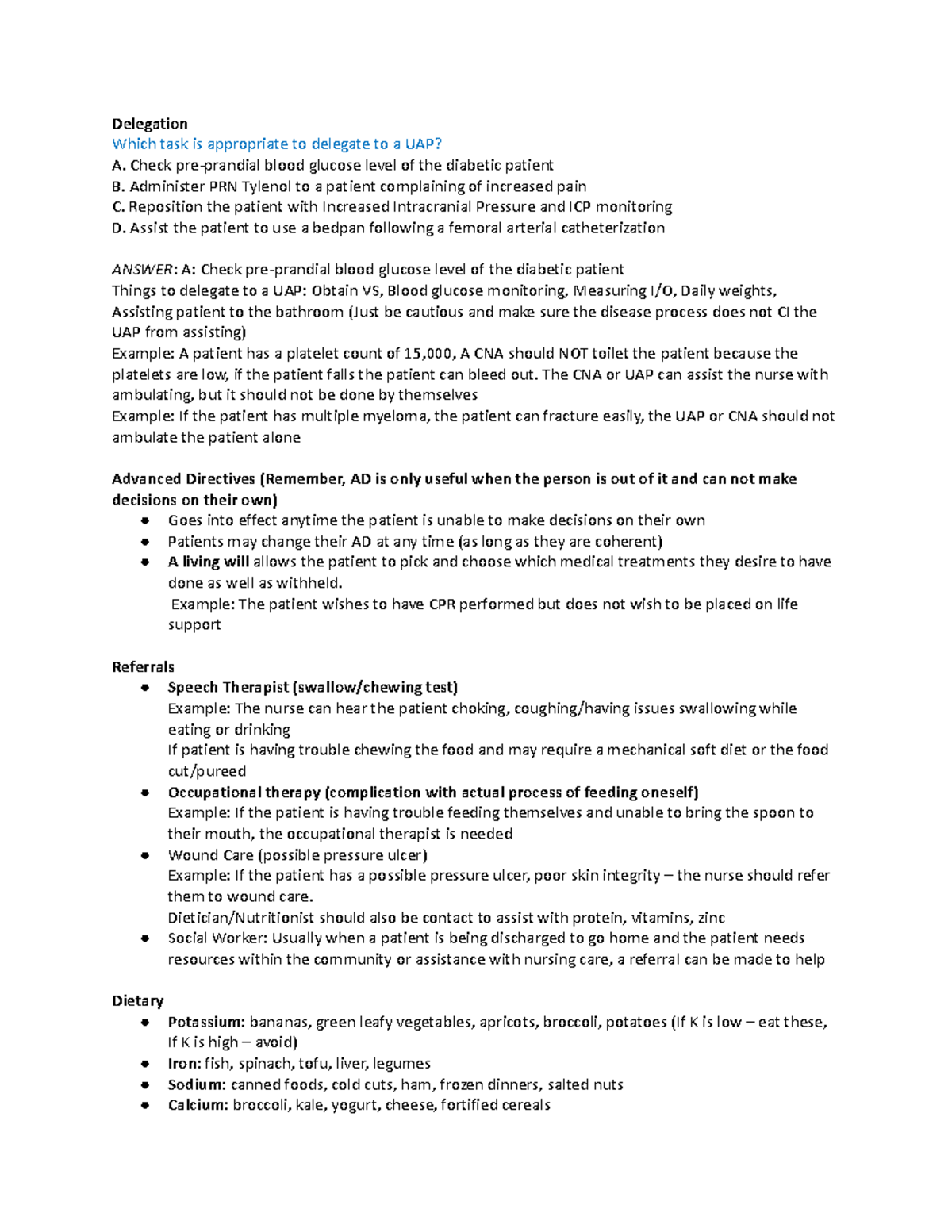Med Surg Notes and Information - Delegation Which task is appropriate ...