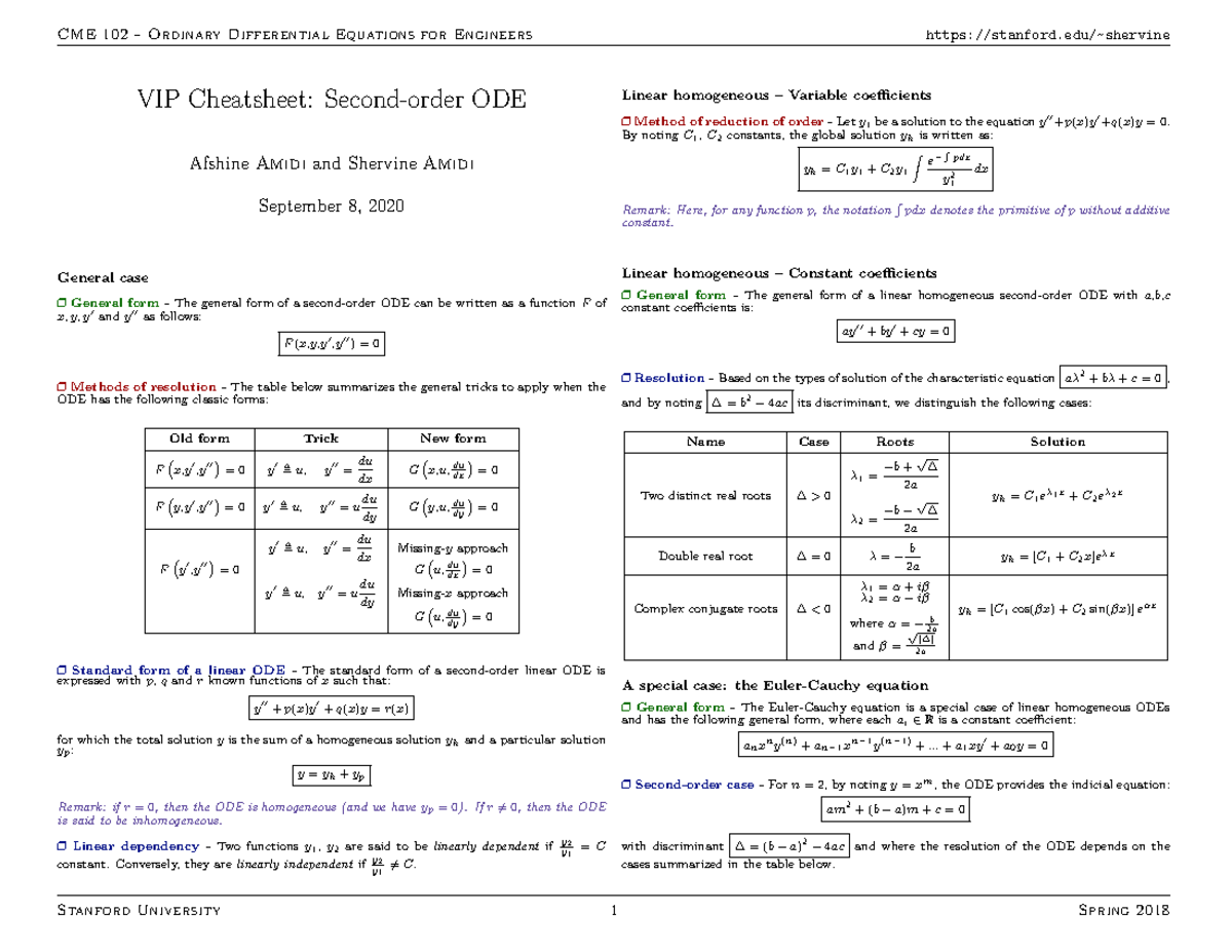 Cheatsheet-second-ode - CME 102 – Ordinary Differential Equations for ...
