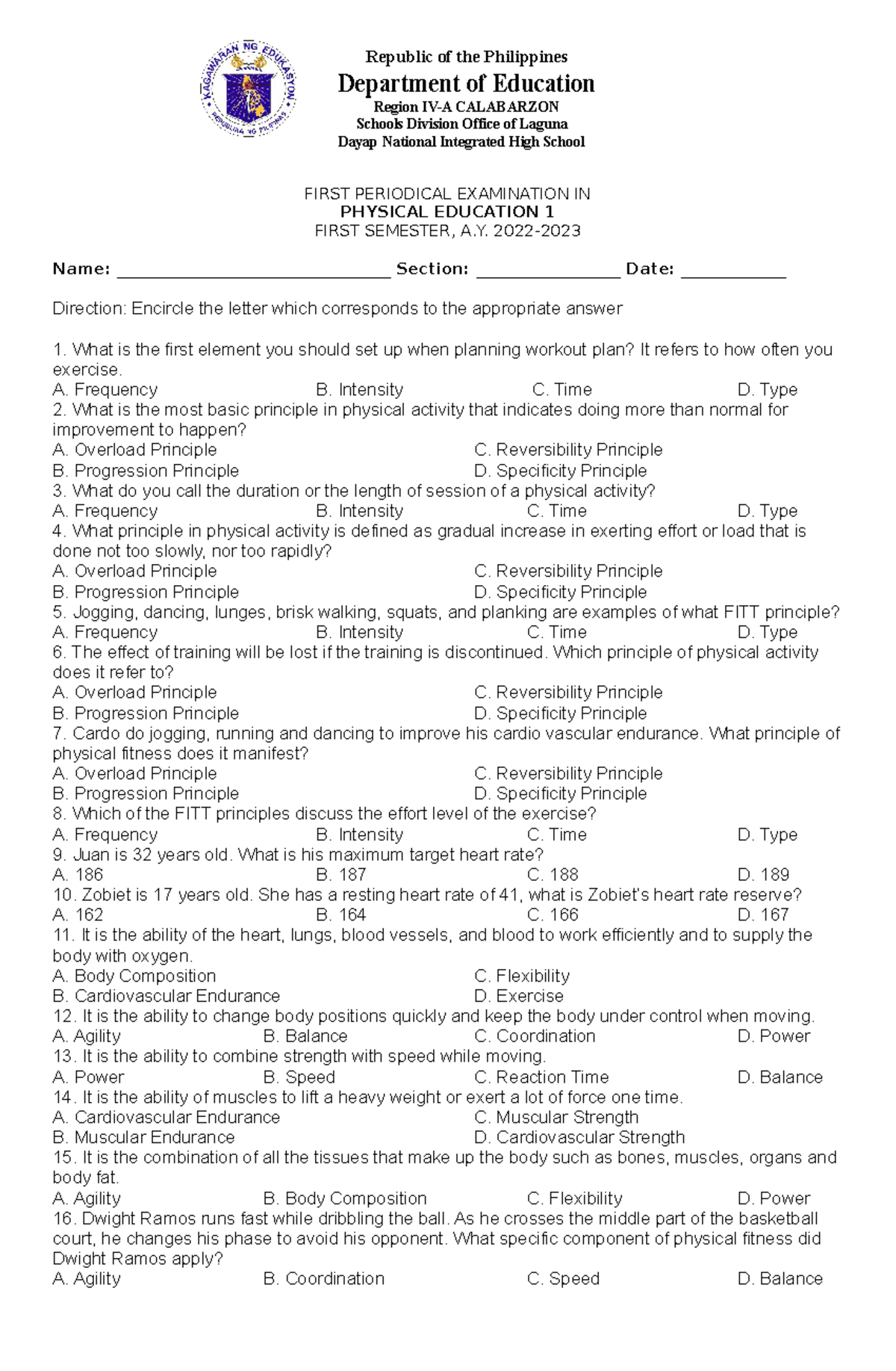 Summative EXAM IN PE - Applicable for your review - FIRST PERIODICAL ...