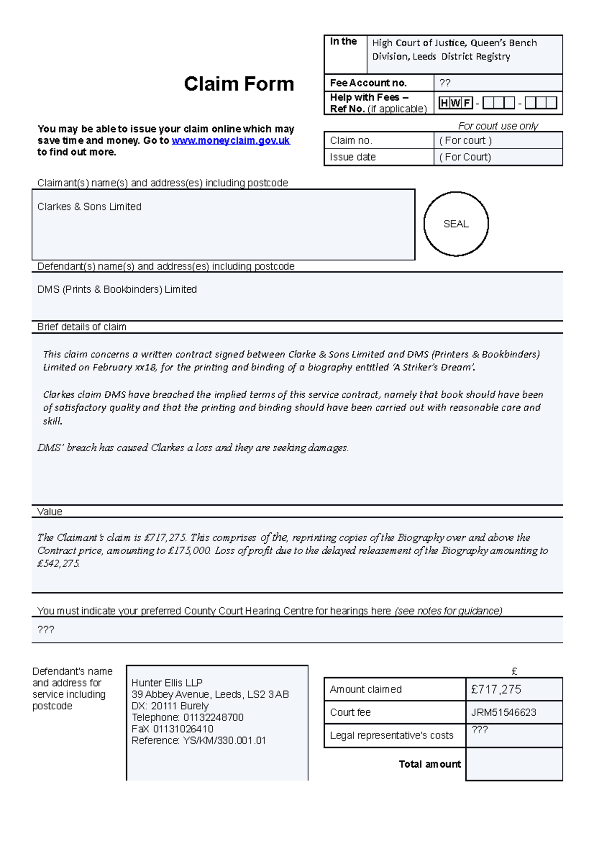 2223 dis ws04 ce01 claim form - In the High Court of Justice, Queen’s ...