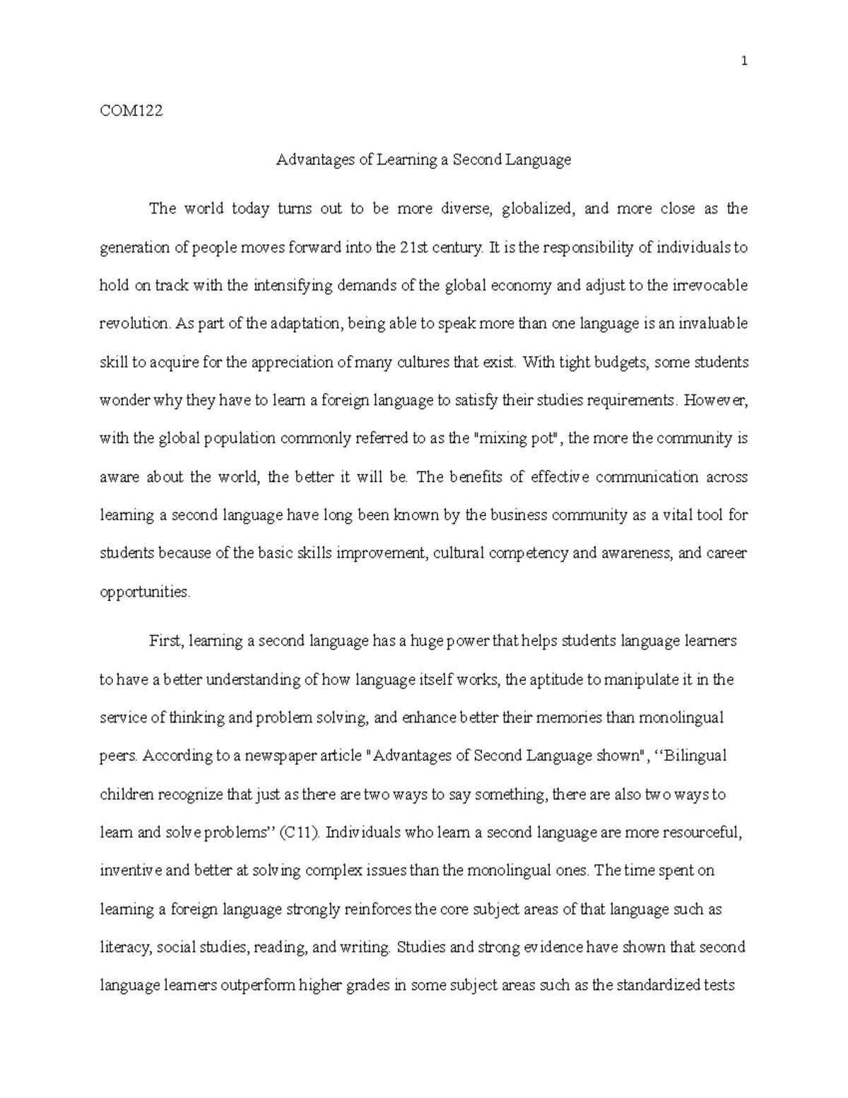 Advantages of Learning a Second Language - It is the responsibility of ...