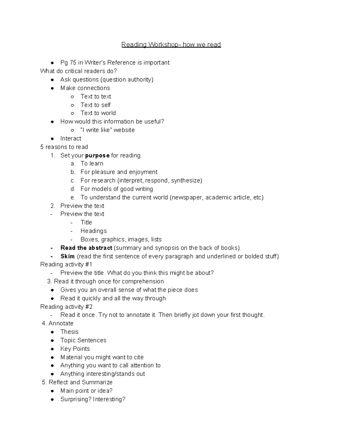 College writing I notes - Reading Workshop- how we read Pg 75 in Writer ...