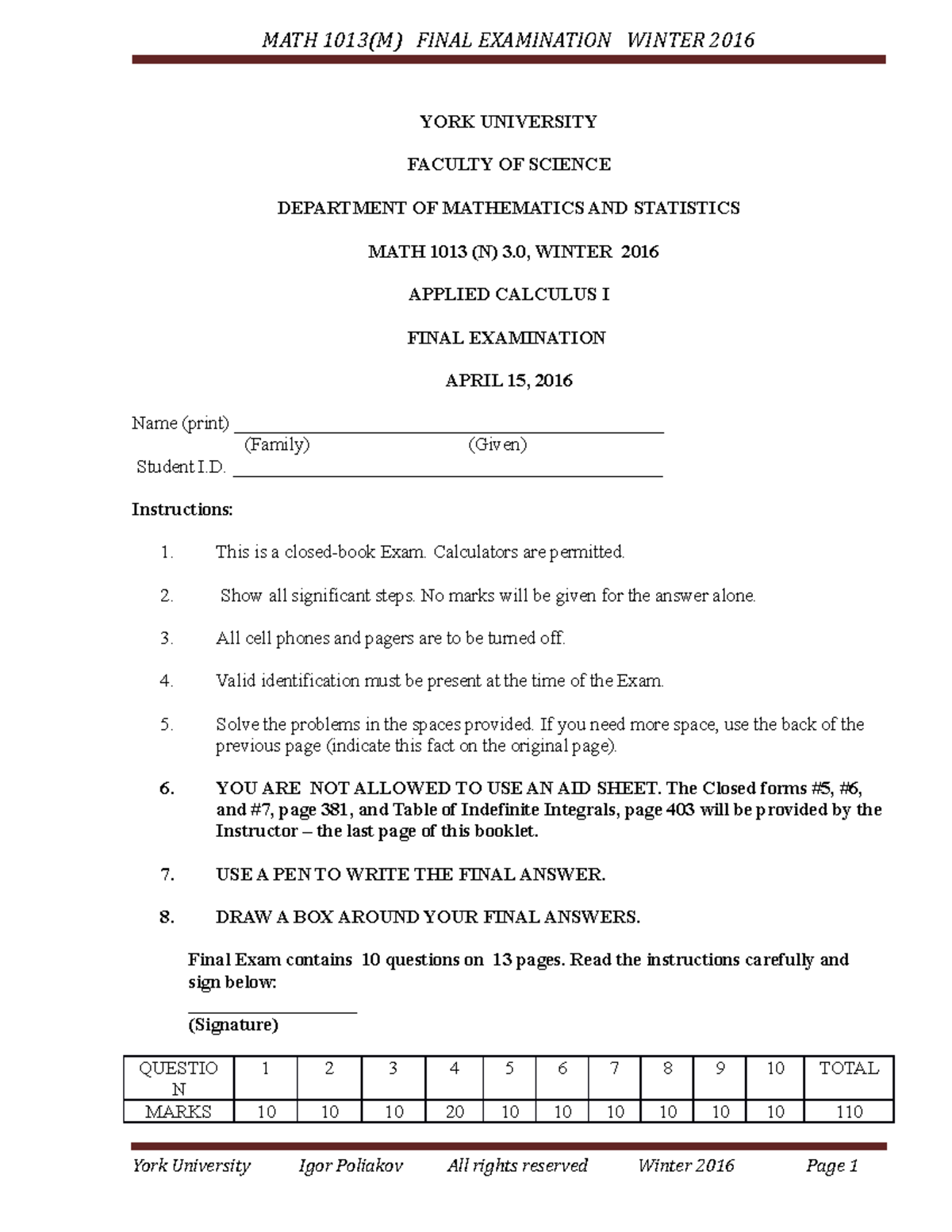 Final exam 15 May 2016 - MATH 1013(M) FINAL EXAMINATION WINTER 2016 ...