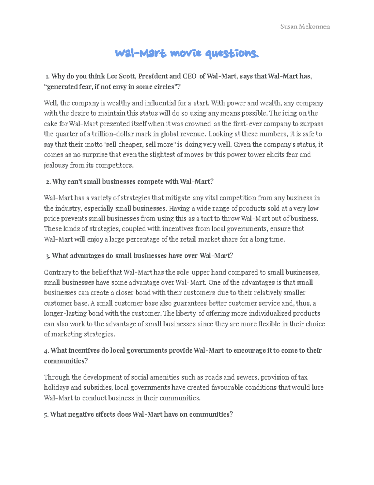 Wal-Mart movie questions - Susan Mekonnen Wal-Mart movie questions. 1 ...