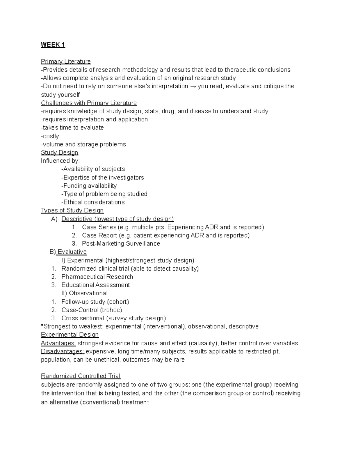 Copy of Drug Literature Midterm Notes - WEEK 1 Primary Literature ...