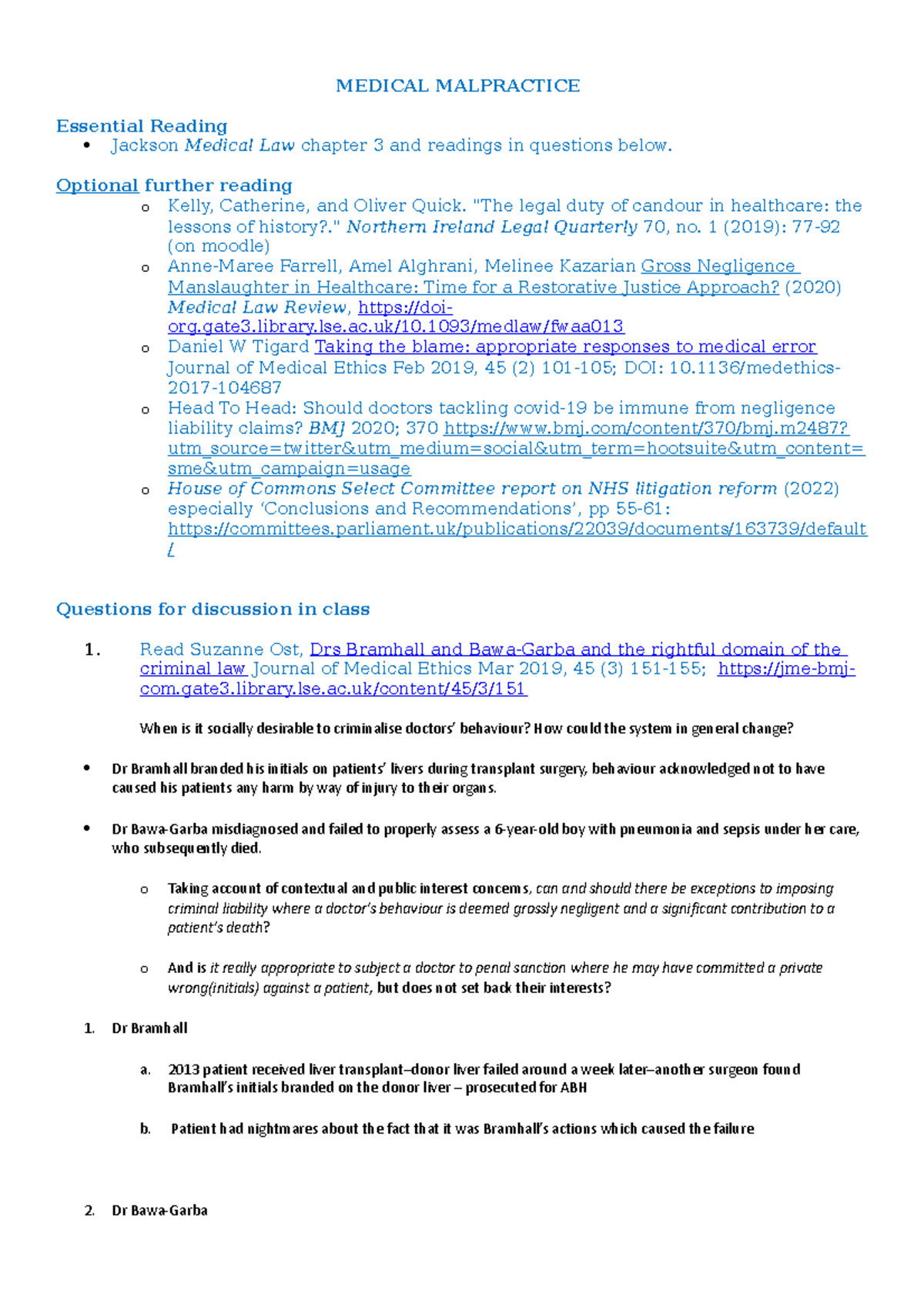 Medical Malpractice readings and questions for discussion in class ...