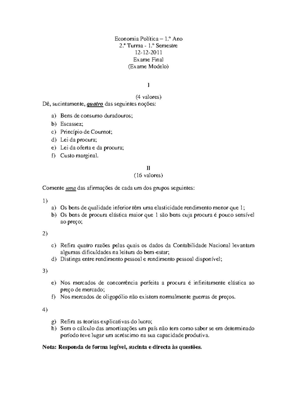 EPII 2ªT Exame Modelo 1 - Economia Política – 1.º Ano 2.ª Turma - 1.º ...