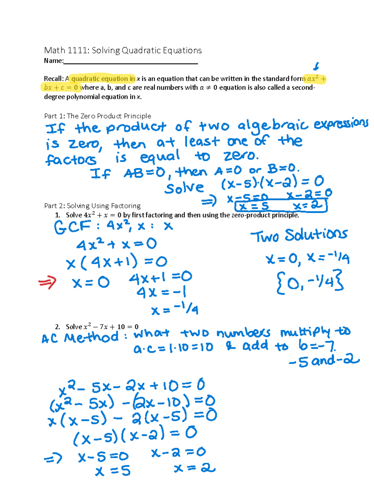 Solving Quadratics Notes Solutions - Math 1111: Solving Quadratic ...