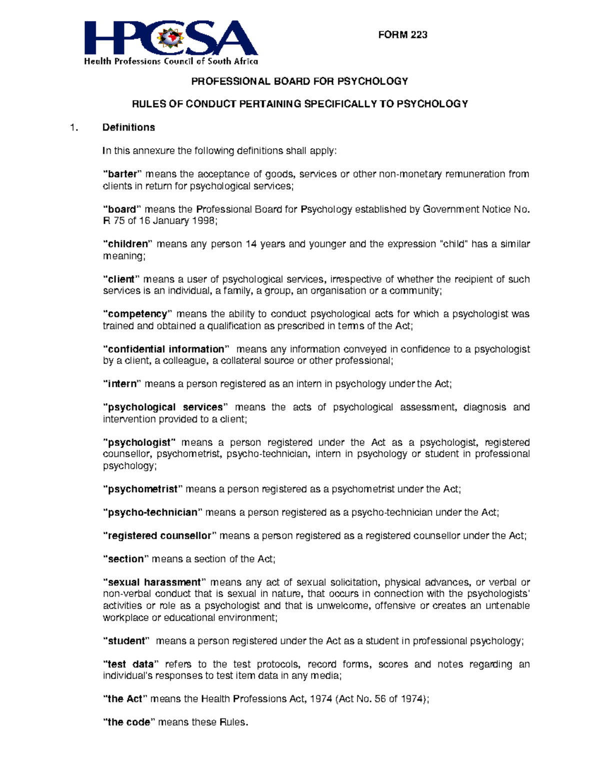 Health Professions Council of South Africa document - FORM 223 ...