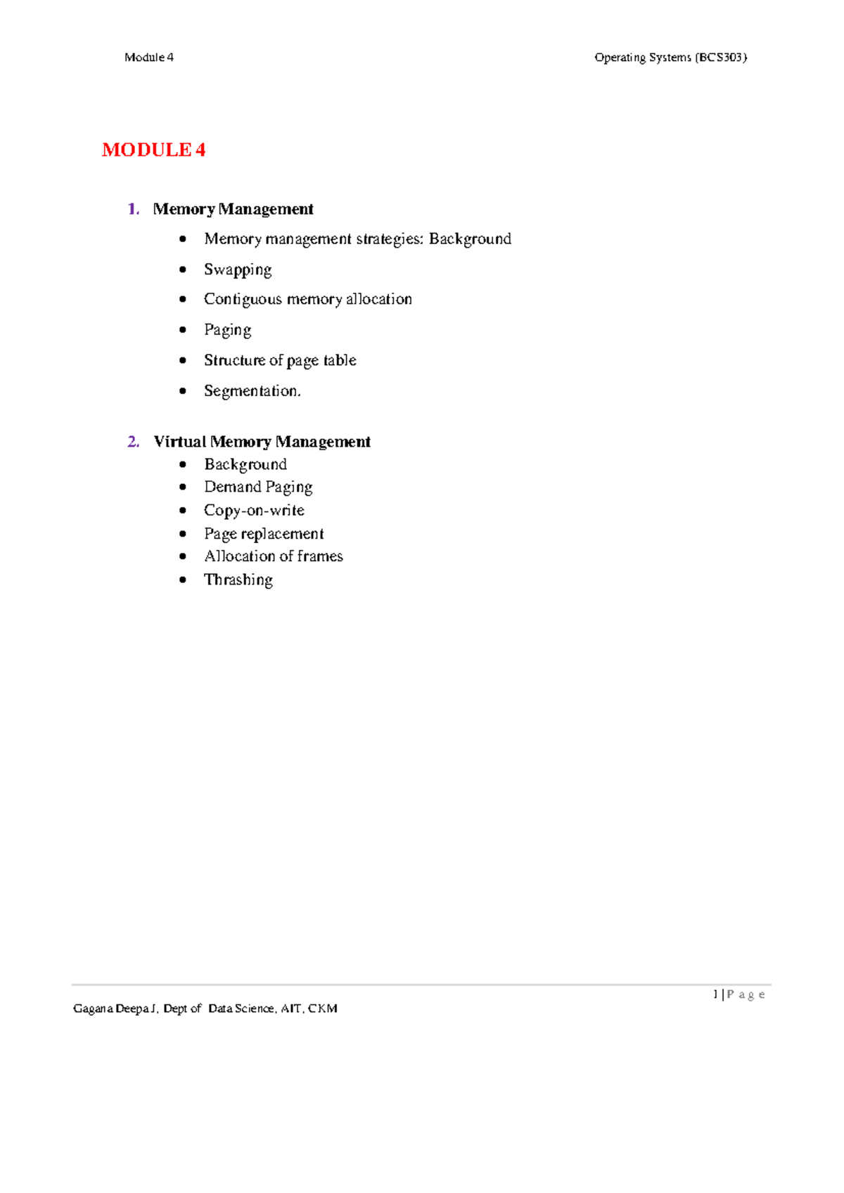 Module 4 notes - 1 | P a g e MODULE 4 Memory Management Memory ...