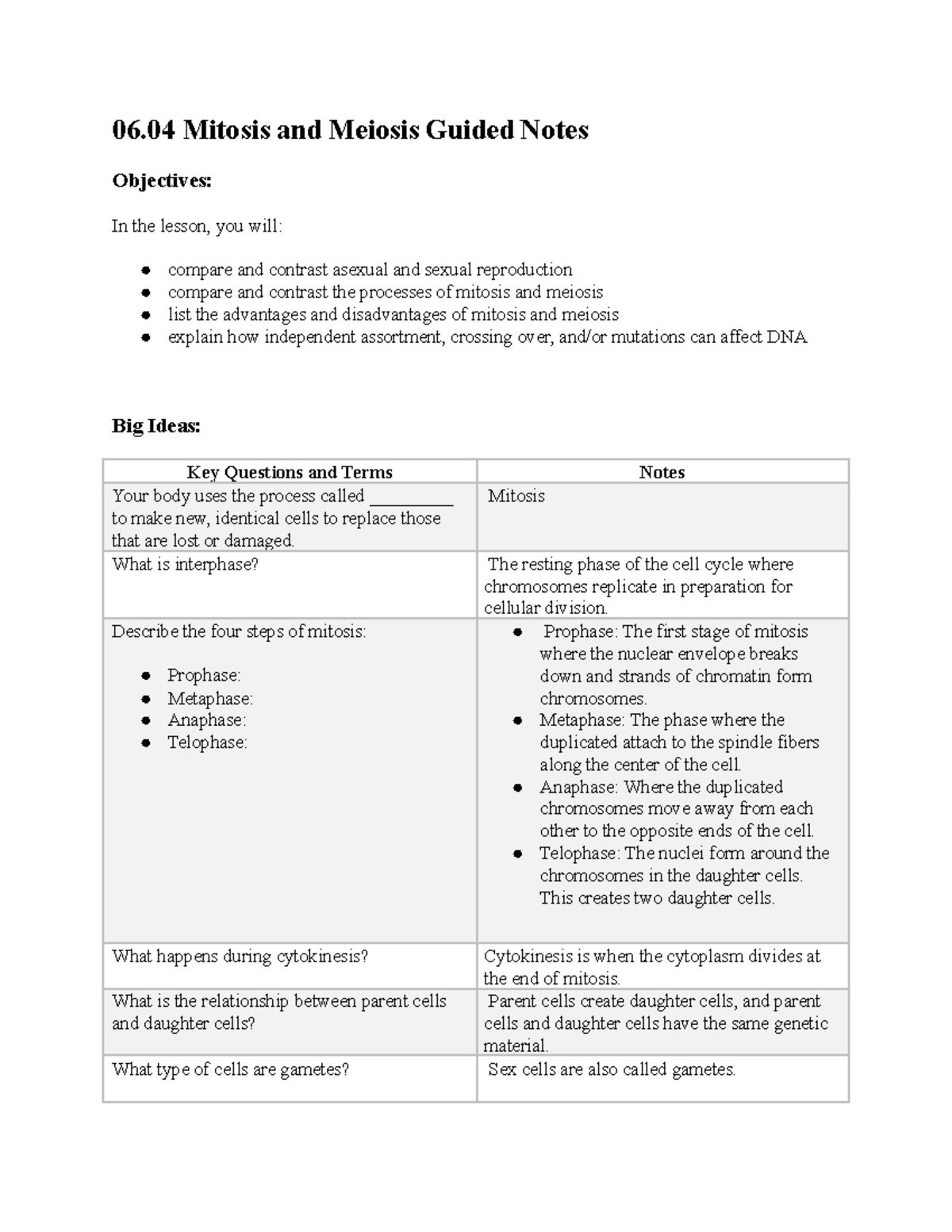 06 04 notes - 06 Mitosis and Meiosis Guided Notes Objectives: In the ...