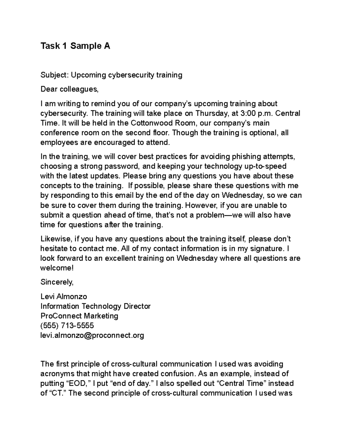 Task 1 Samples - d270 Practice - Task 1 Sample A Subject: Upcoming ...