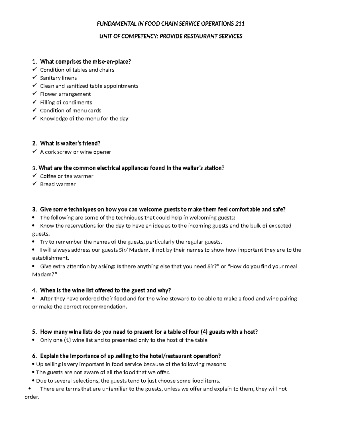 FFSO - Midterm Reviewer - FUNDAMENTAL IN FOOD CHAIN SERVICE OPERATIONS 211 UNIT OF COMPETENCY ...