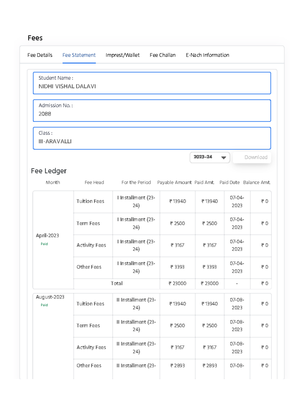 Student Dashboard - Fees Student Name : NIDHI VISHAL DALAVI Admission ...
