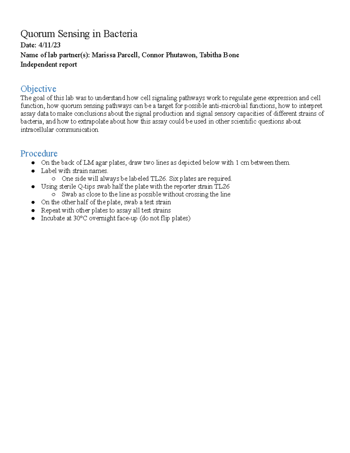 Bacteria Quorum Sensing - Quorum Sensing in Bacteria Date: 4/11/ Name ...