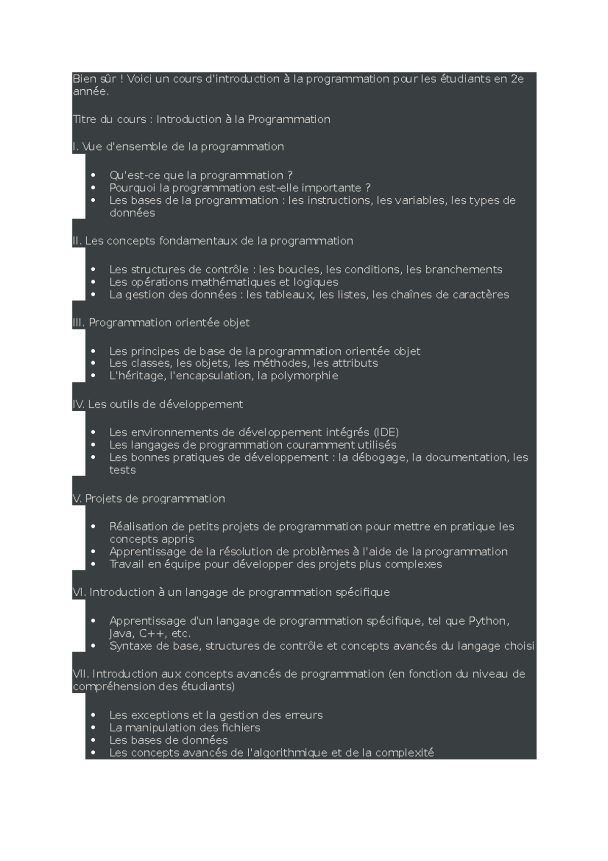 Bien sûr - yess - Bien sûr! Voici un cours d'introduction à la programmation pour les étudiants ...