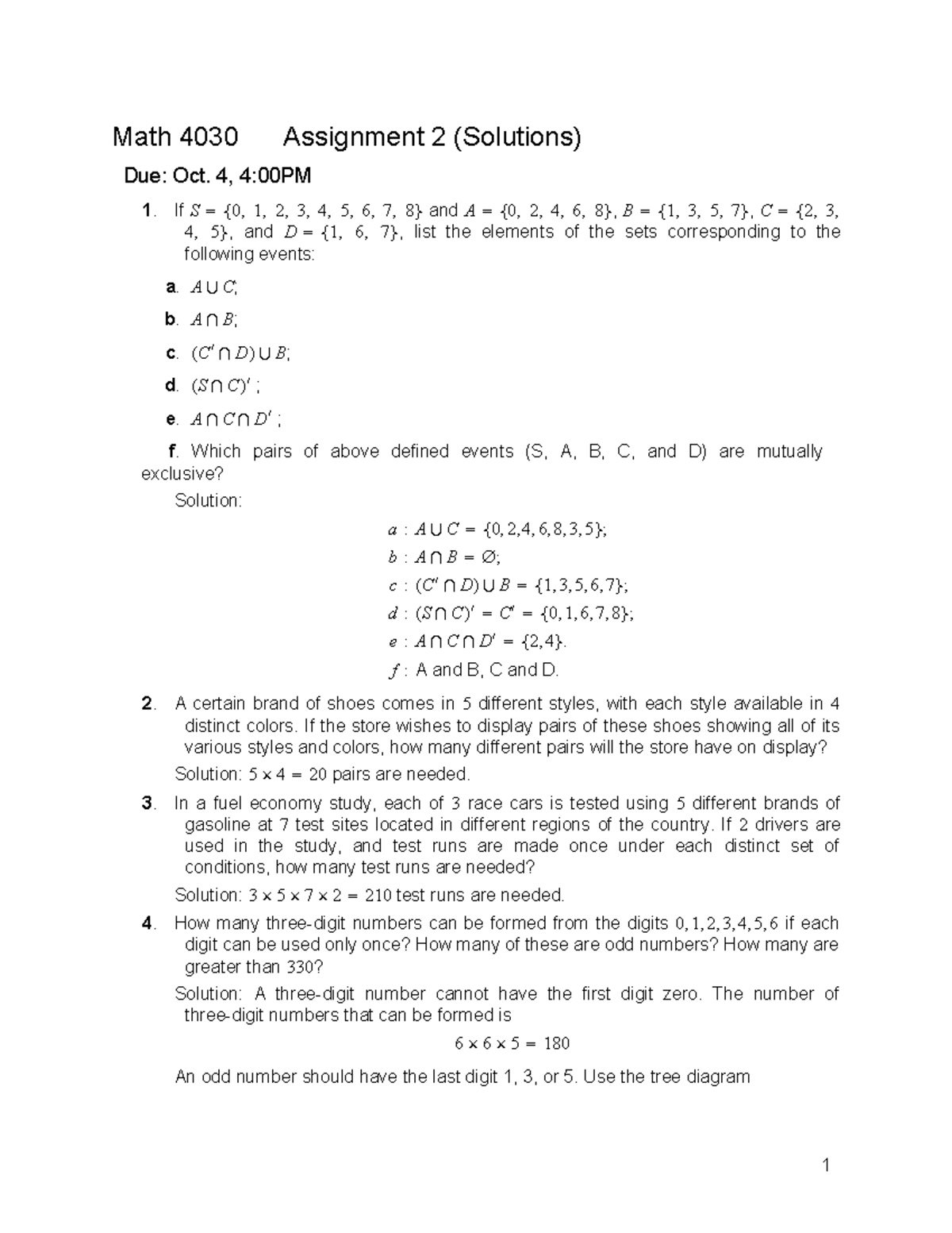 4030-Assignment 2(Solutions) - Math 4030 Assignment 2 (Solutions) Due ...
