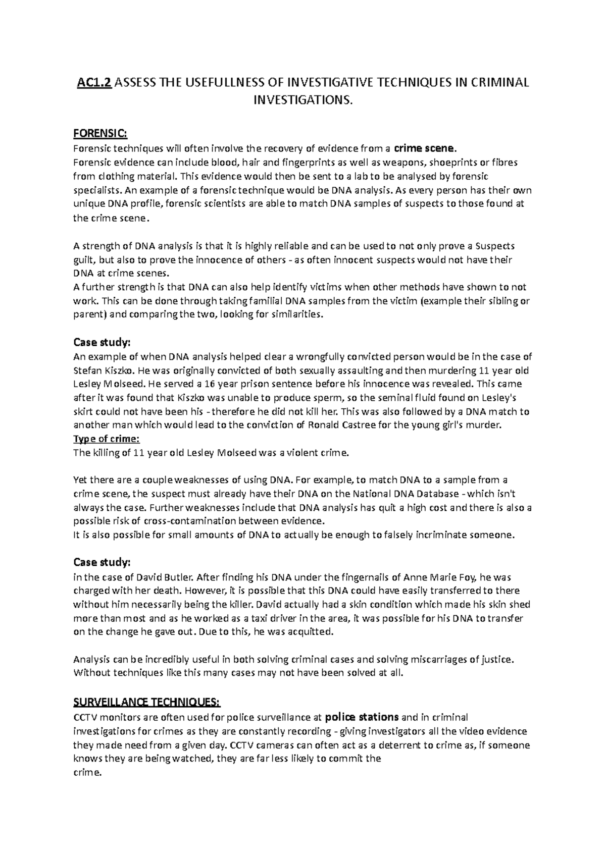Criminology 1 - AC1 ASSESS THE USEFULLNESS OF INVESTIGATIVE TECHNIQUES ...