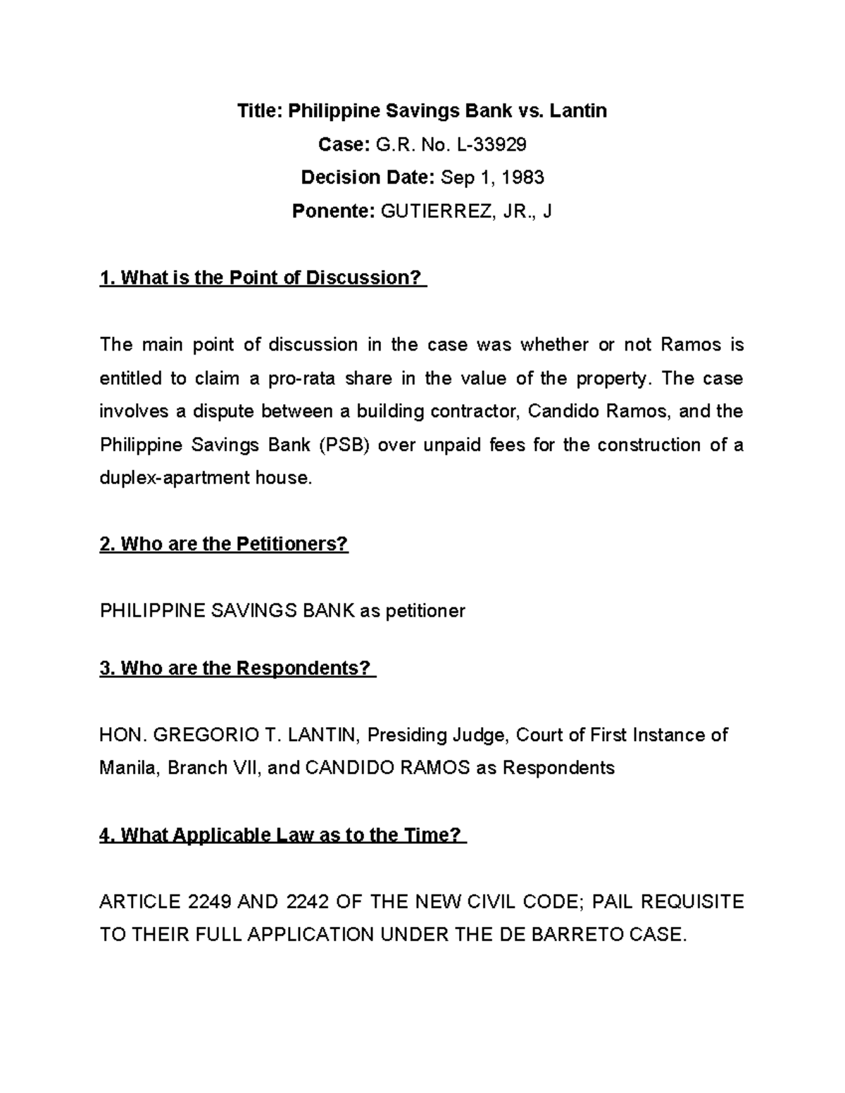 142 Vasquez Brief Case Digest Philippine Savings Bank vs. Lantin ...