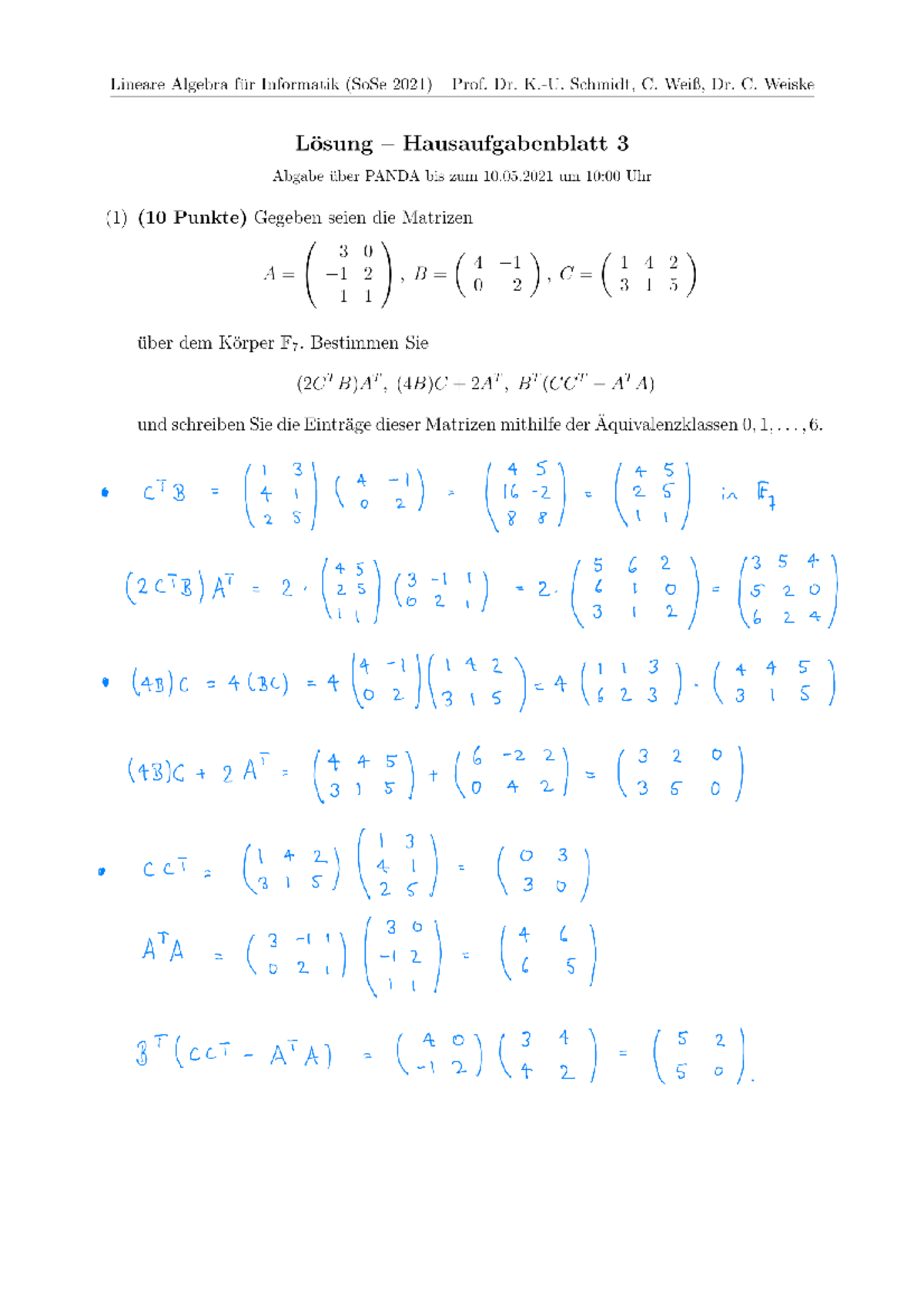 Loesung HA 03 - Wintersemester - Lineare Algebra 1 - Studocu