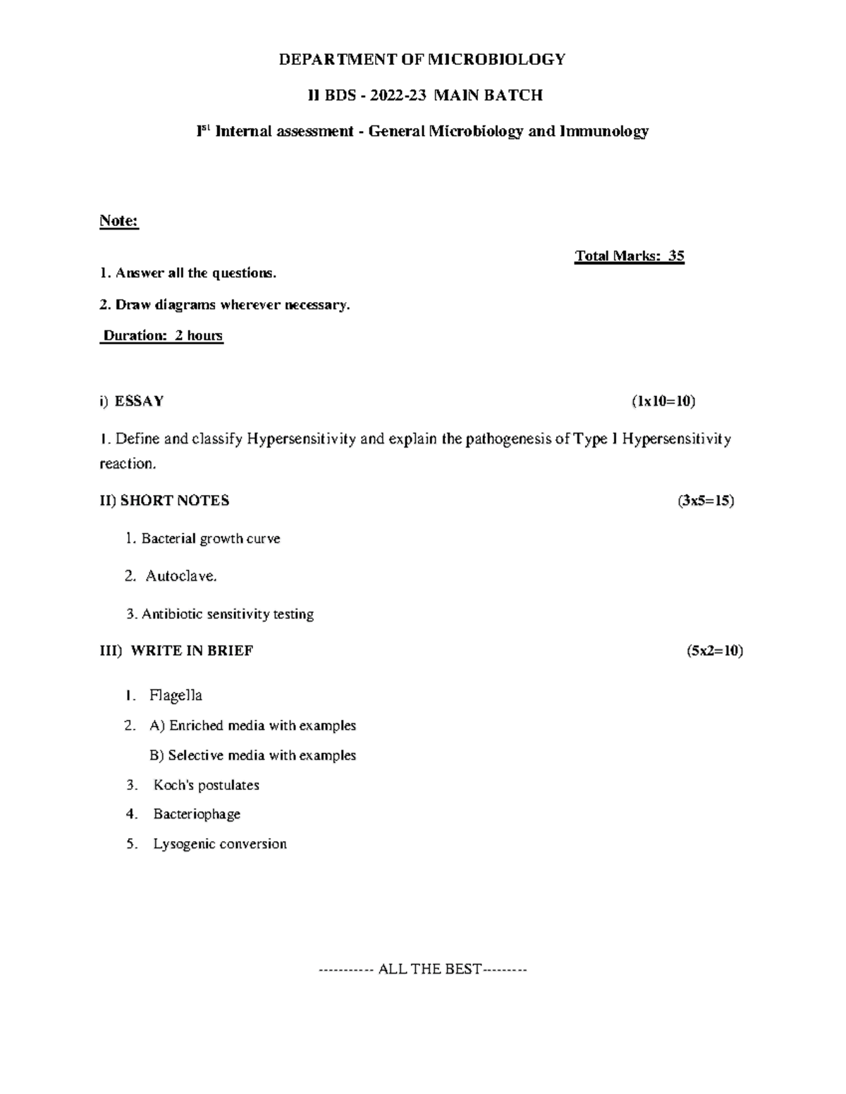IST IA Question Paper (1) - DEPARTMENT OF MICROBIOLOGY II BDS - 2022 ...