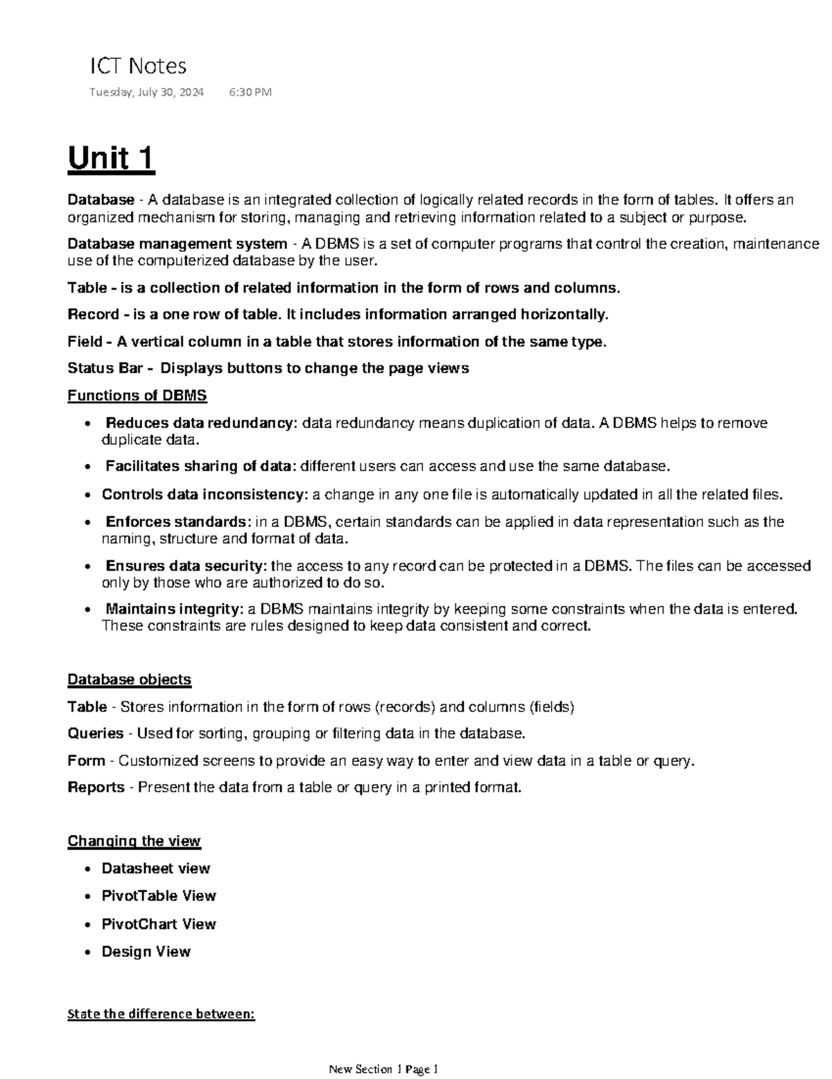 ICT Notes - ........ - Unit 1 Database - A database is an integrated ...