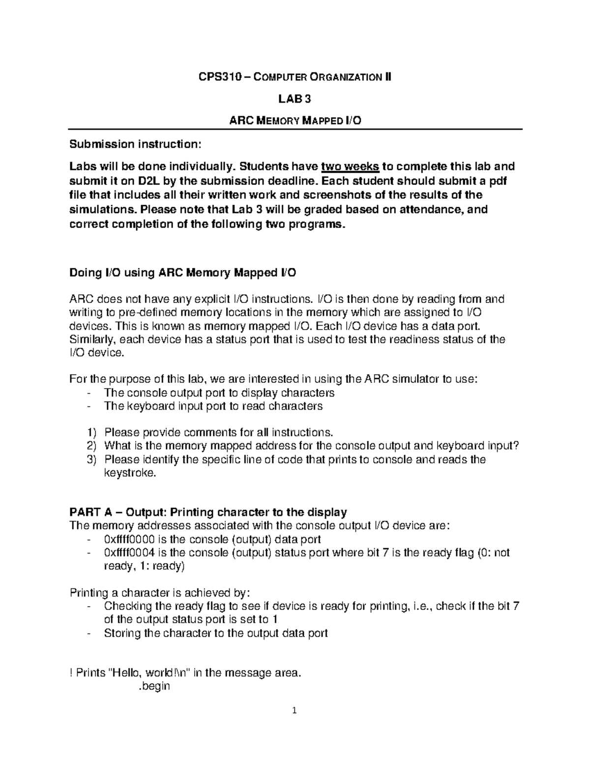 Cps310 Lab3 Lab Assignment 1 Cps310 Computer Organization Ii Lab 3 Arc Memory Mapped I O