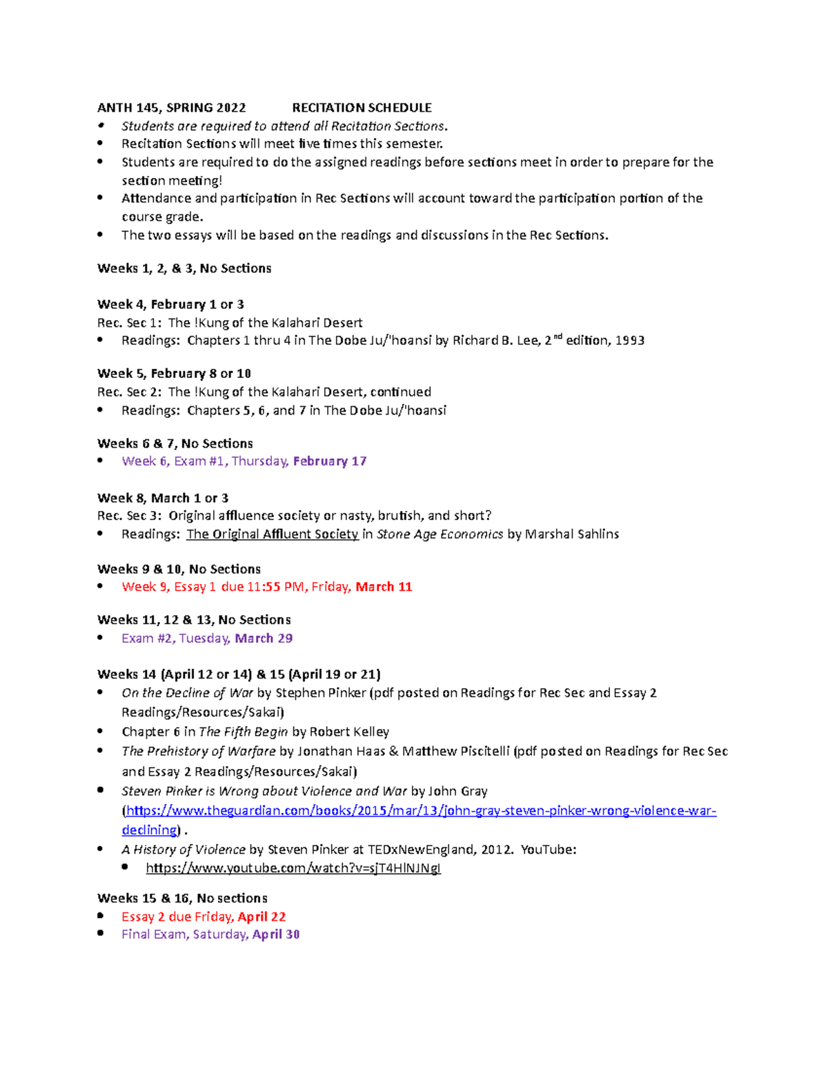 ANTH 145 Rec Sec Schedule VER 1 Spring 2022 - ANTH 145, SPRING 2022 RECITATION SCHEDULE Students ...