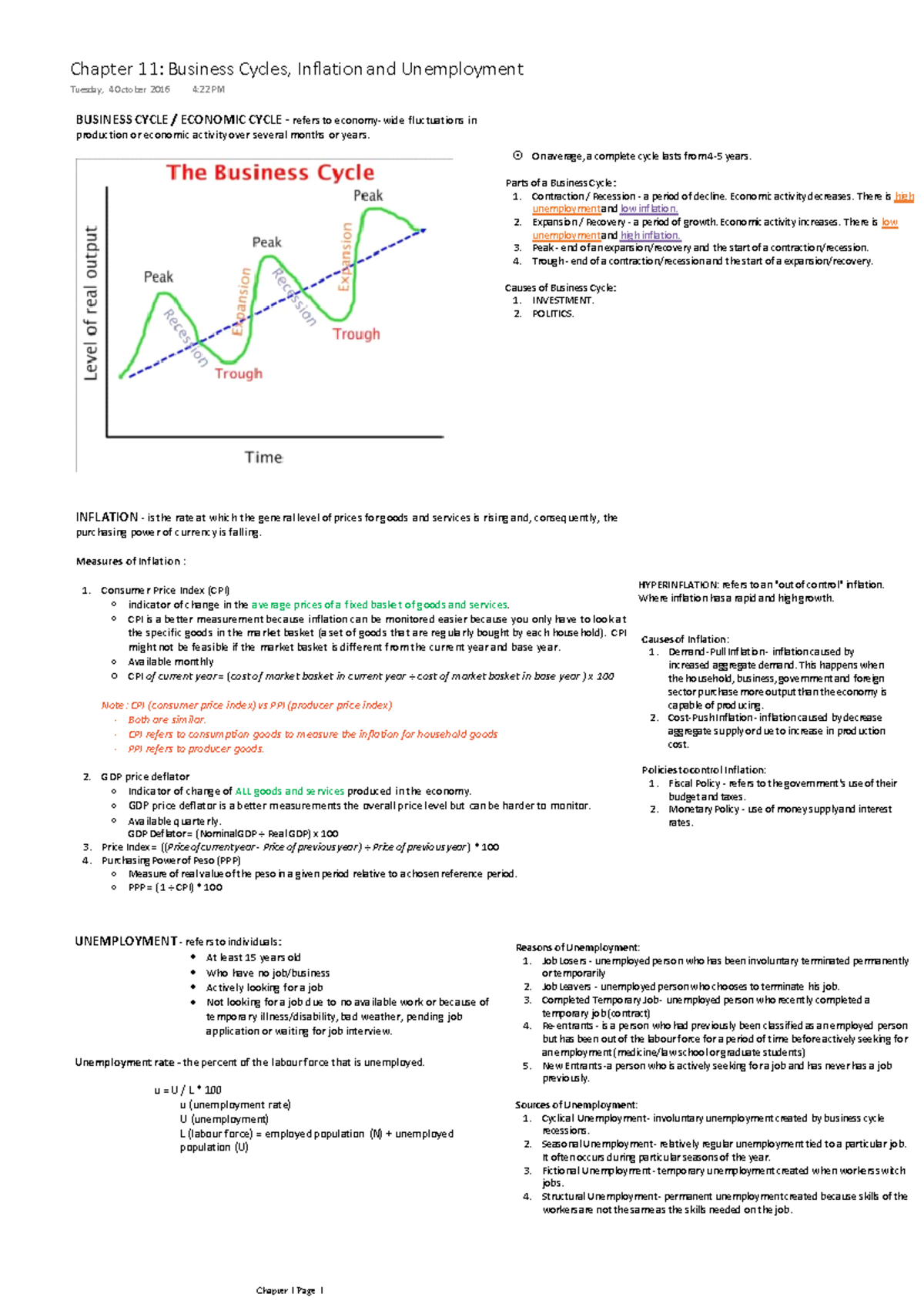 Chapter 11 Business Cycles, Inflation and Unemployment - BUSINESS CYCLE ...