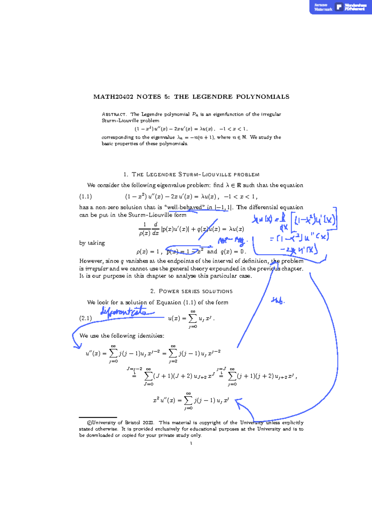 week 17 lecture notes - MATH20402 NOTES 5: THE LEGENDRE POLYNOMIALS ...