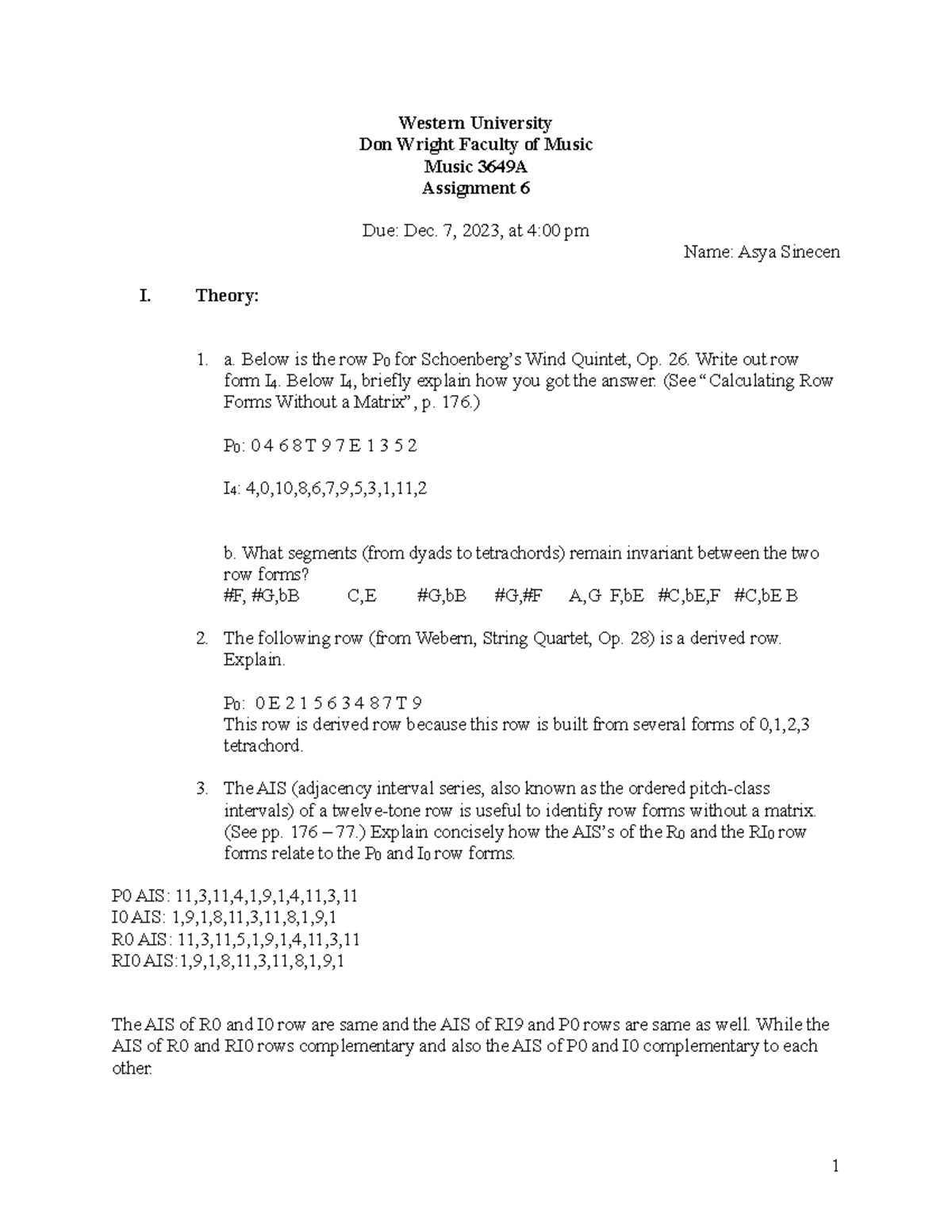 Sinecen A 6 - Assignment for music theory - Western University Don ...