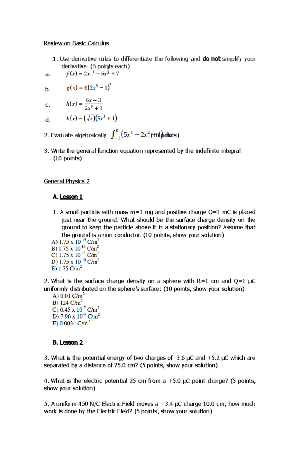 Physics 2 3rd Quarter Exam - Review on Basic Calculus Use derivative ...