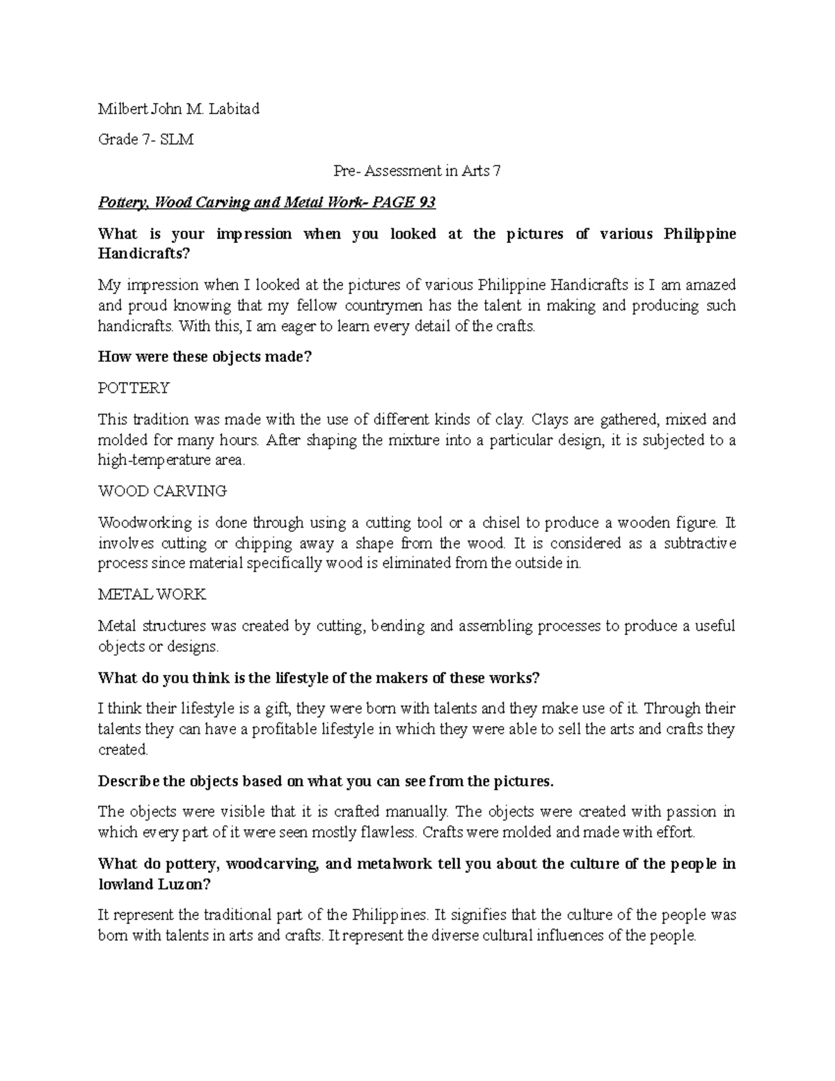 PRE- Assessment IN ARTS 7 - Milbert John M. Labitad Grade 7- SLM Pre ...