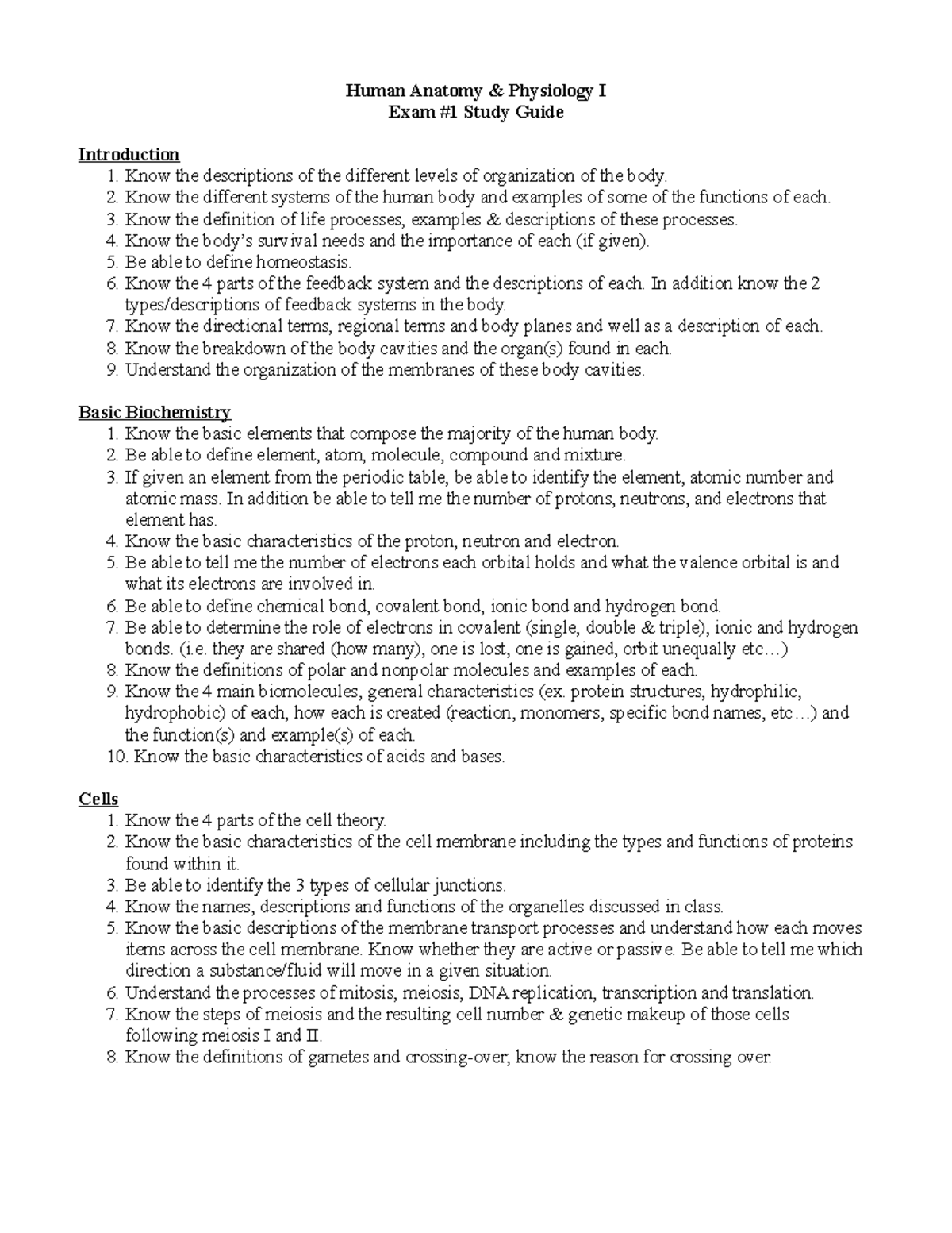 Exam 1 study guide - Human Anatomy & Physiology I Exam #1 Study Guide ...