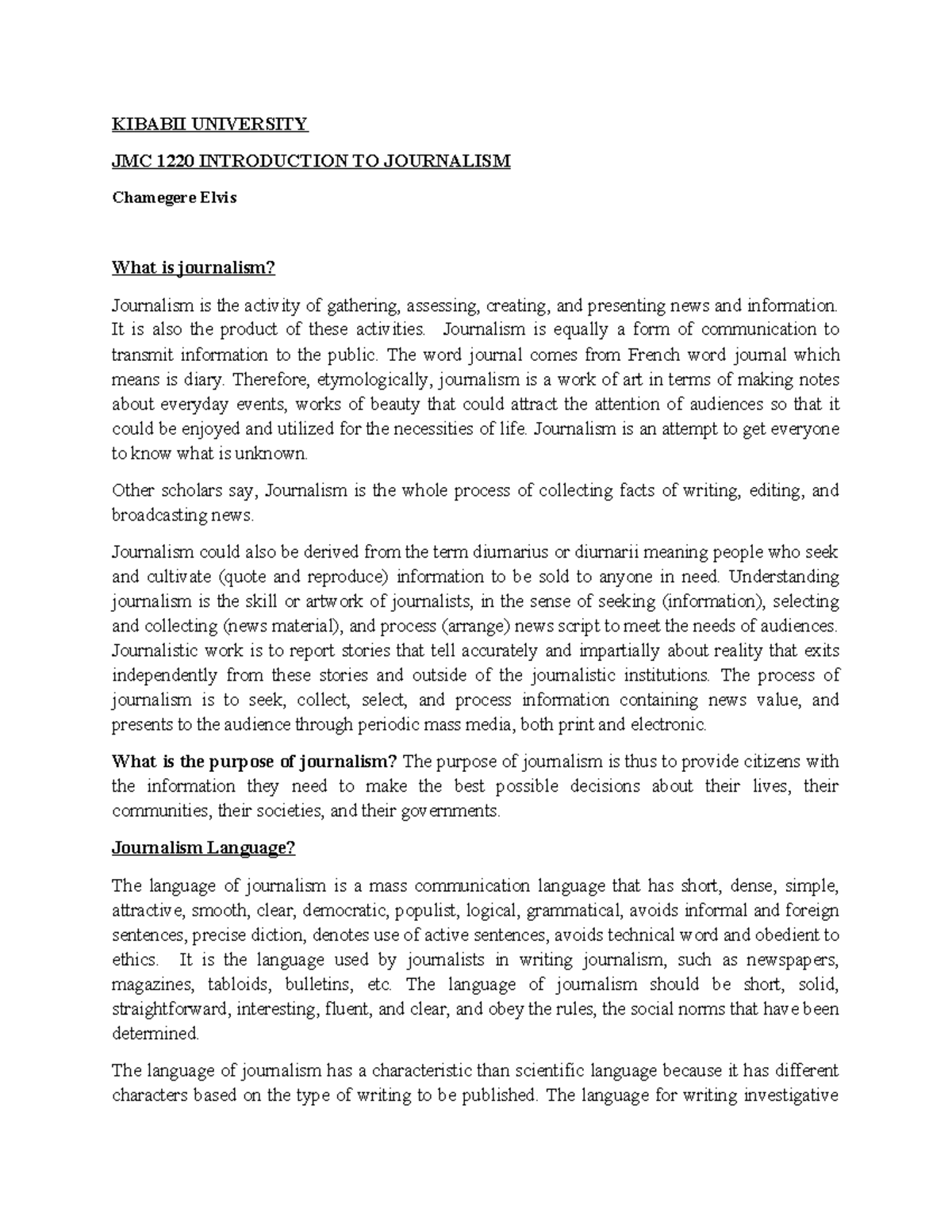 Introduction TO Journalism JMC 1220 - KIBABII UNIVERSITY JMC 1220 ...